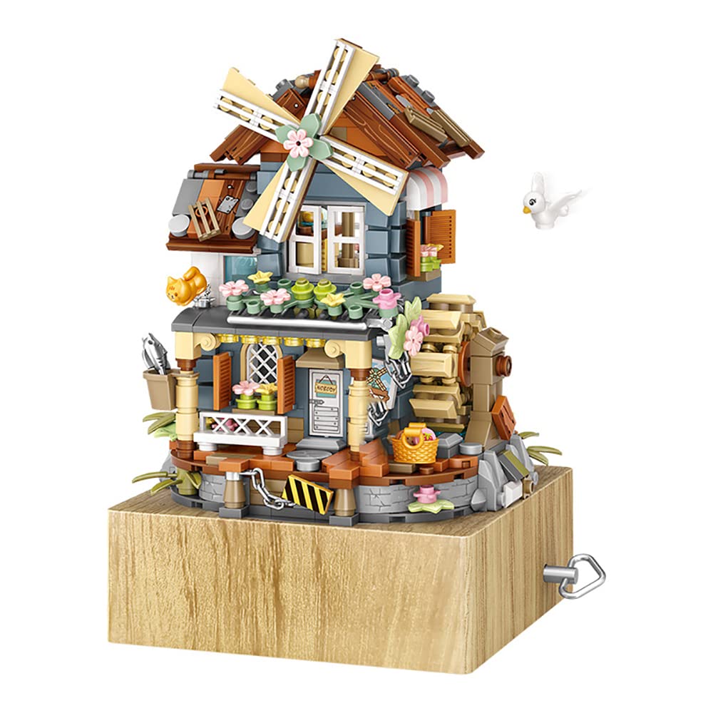 NIIZ Windmill Music Box Bricks Model Set, 799 Pieces Mini Bricks House Music Box Building Set, MOC Creative Street View Modular House Building Kit Construction Toy