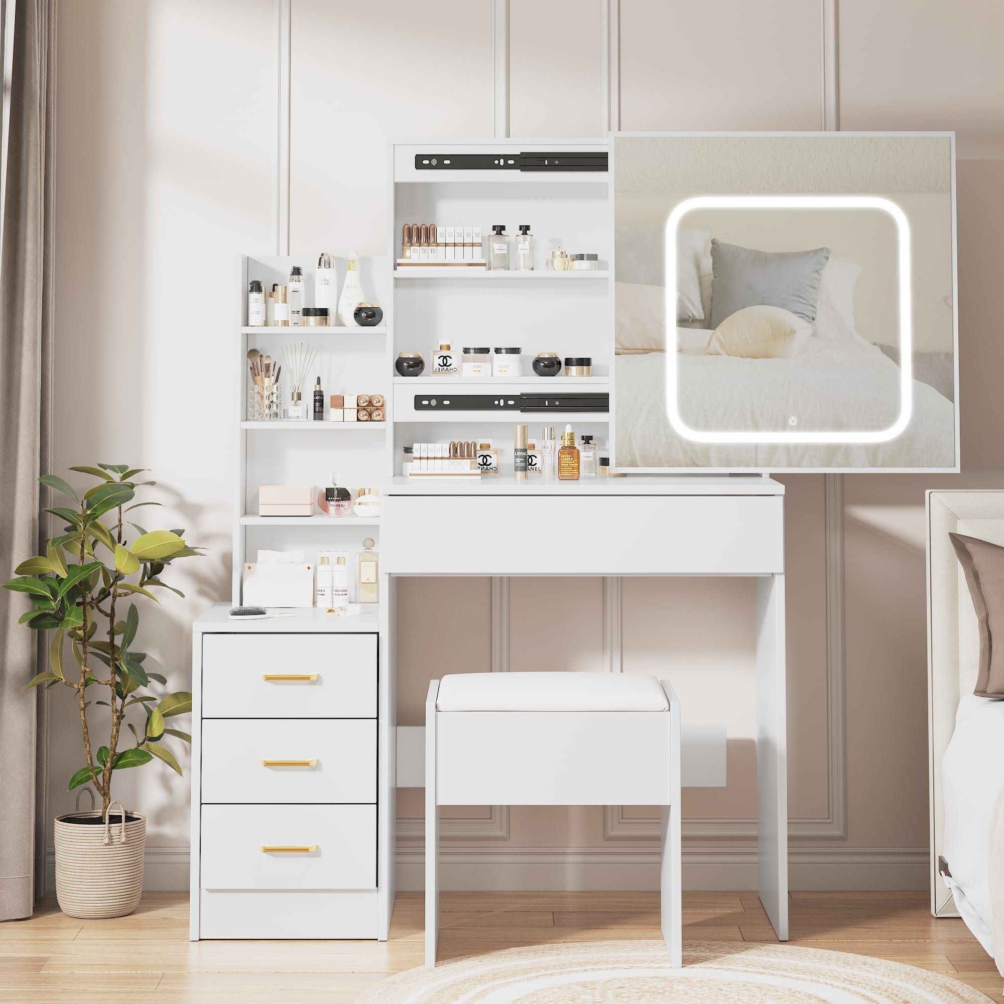 Vanity Desk with Sliding Mirror and Lights, Makeup Vanity Set with Power Outlet, 4 Drawers, Stool, Open Shelves, 3 Color Lighting Modes, Brightness Adjustable, Makeup Dressing Table for Bedroom, White