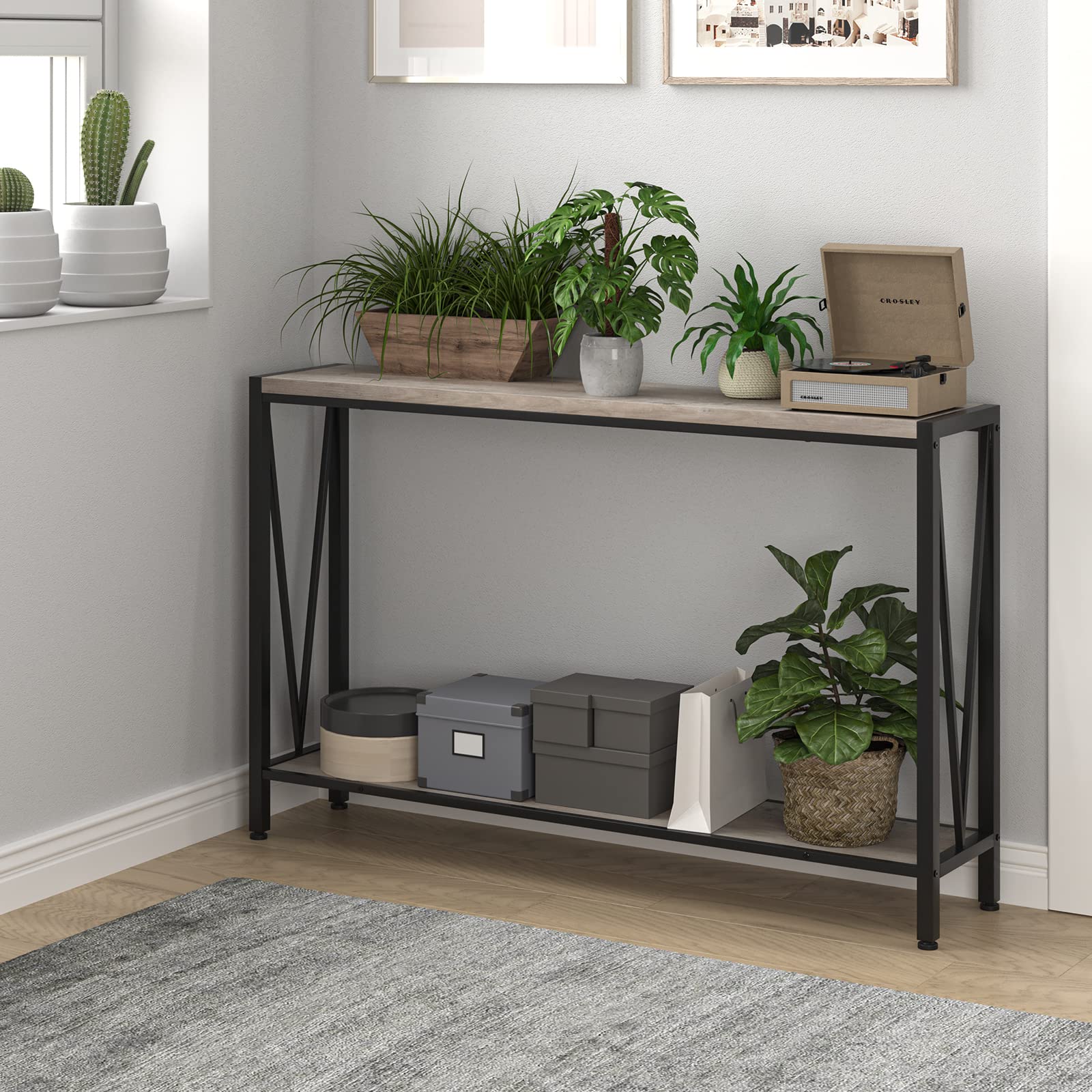 IDEALHOUSE Grey Console Table, 42.9" Entryway Table with Storage, Wood and Metal 2-Tier Narrow Long Sofa Table with Shelf, Behind Couch Table, Console Table for Entryway, Living Room, Hallway