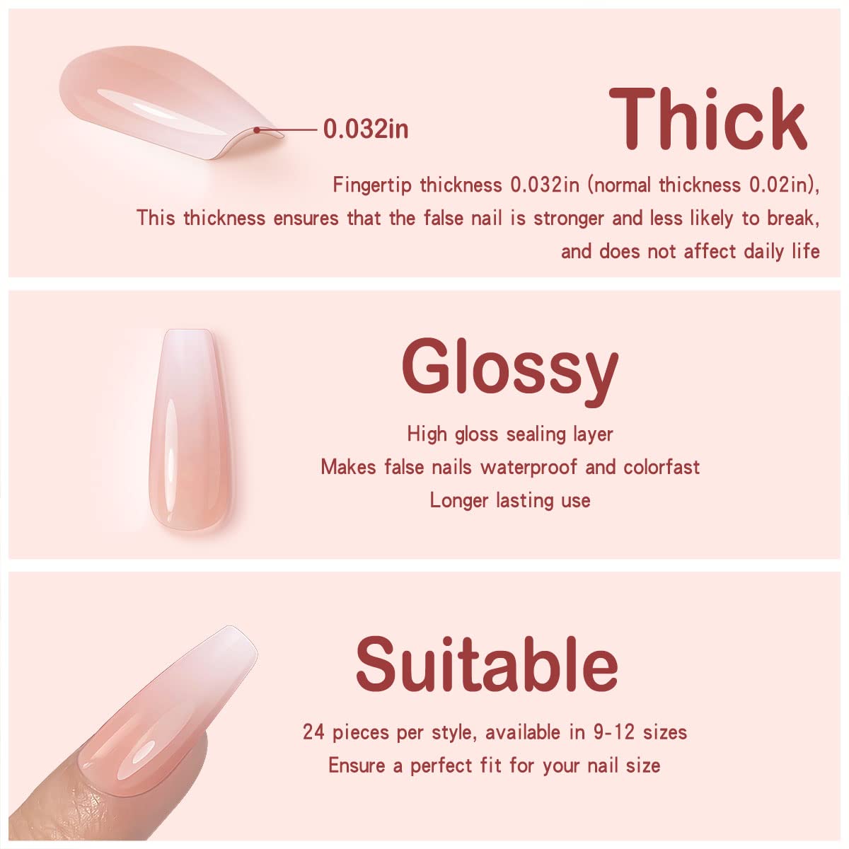 Yivaiks 24pcs Advanced Hand Made Glitter Gradient Pink Press on Nails Medium Length,Luxurious Crystal Gem Design Ballerina Long Coffin Fake Glue for Women Acrylic Perfect Accessory Banquets, Soirees, Parties(GD-004)
