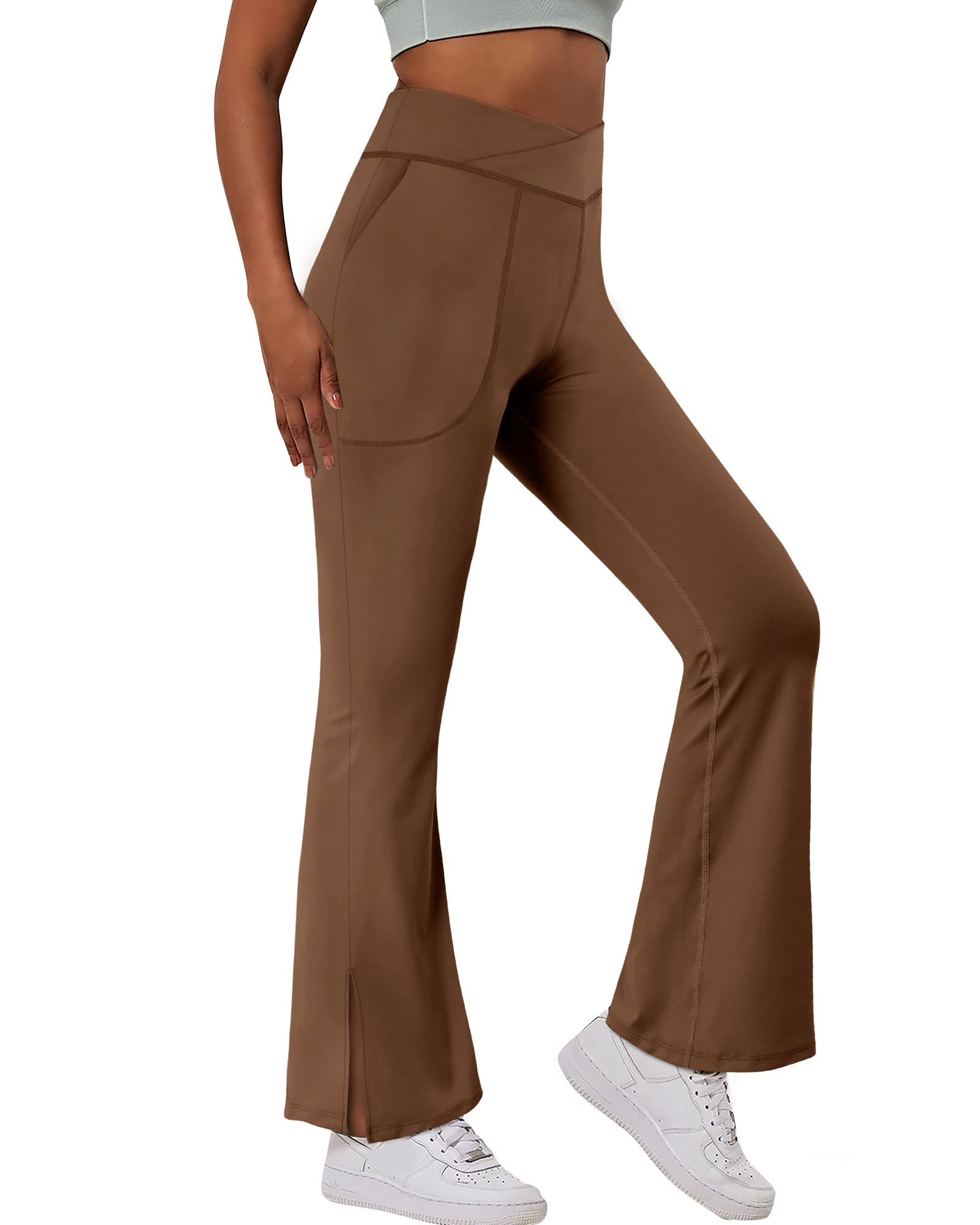 MYMORE Yoga Pants with Pockets for Women V Cut High Waist Bootcut Workout Bell Bottom Crossover Flare Leggings Brown