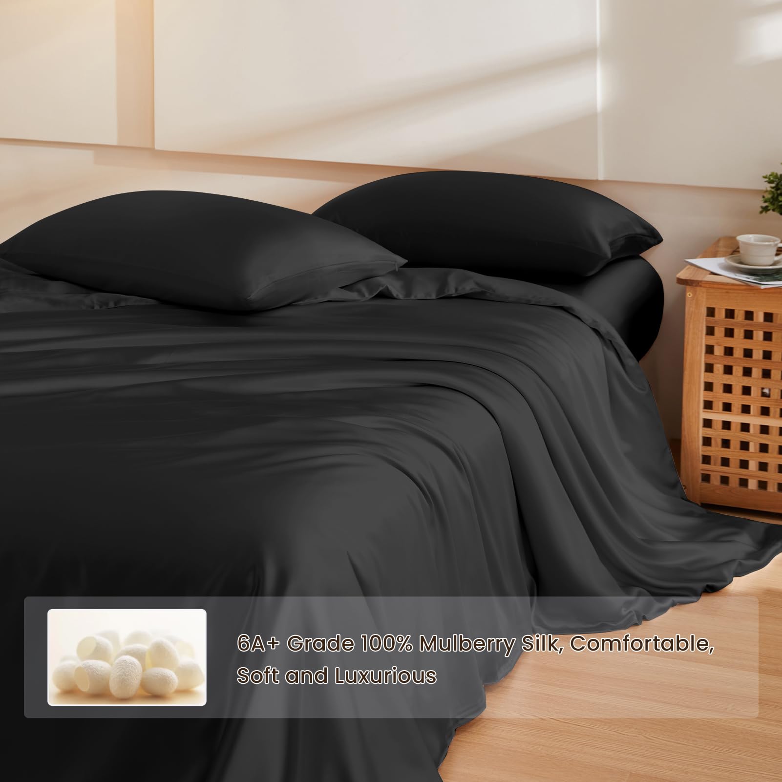 THXSILK 100% Pure Mulberry Silk Duvet Cover Set 3 Piece, 6A+ Grade Luxury Soft Bedding Silk Sheets for Hair and Skin, 1 Pcs Duvet/Quilt/Comforter Cover with 2 Zippered Pillowcases (Black, King)