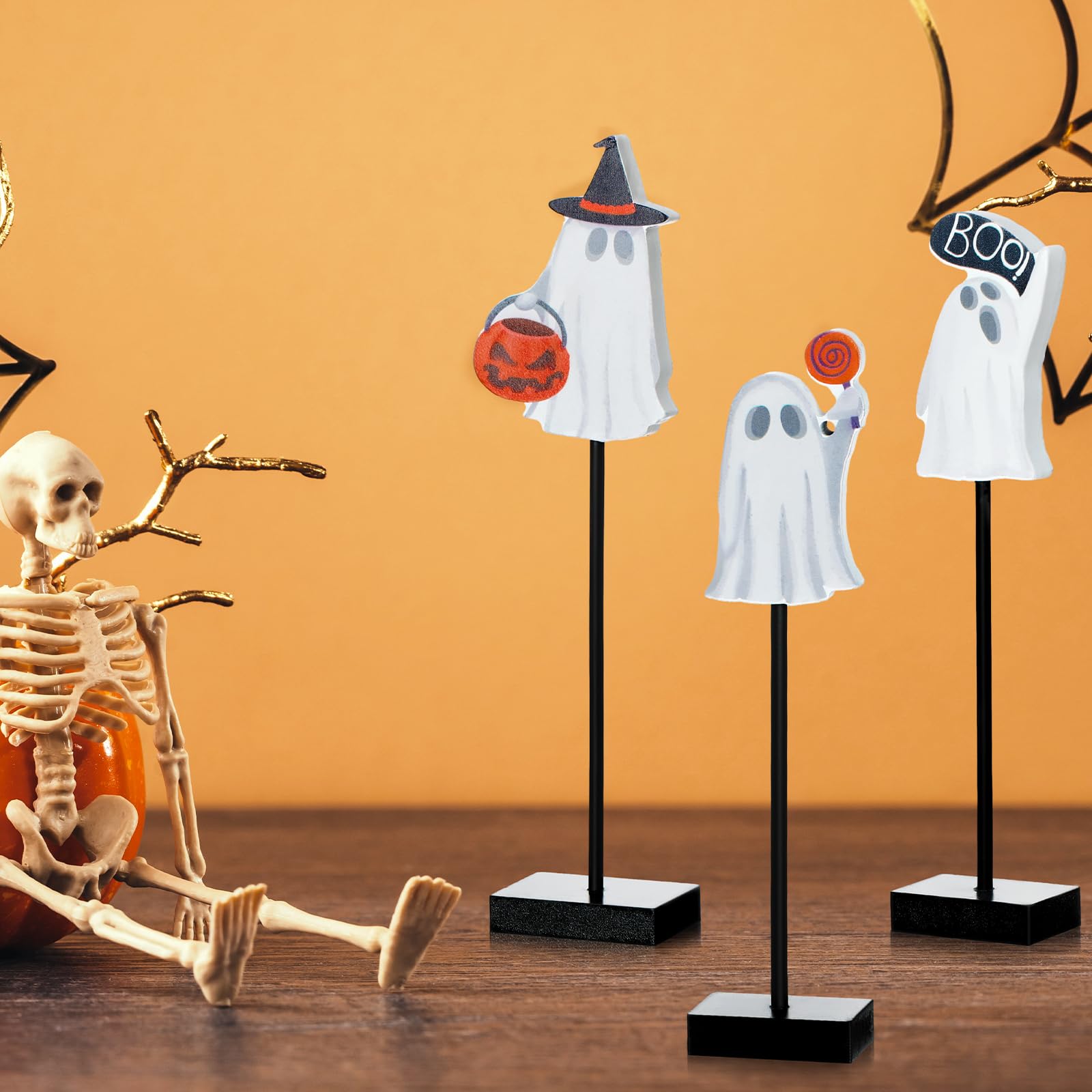 Thyle 4 Pcs Halloween Standing Table Decor Ghosts Wooden Signs Halloween Tiered Tray Decor Table Topper Sign for Halloween Party Favor Decor