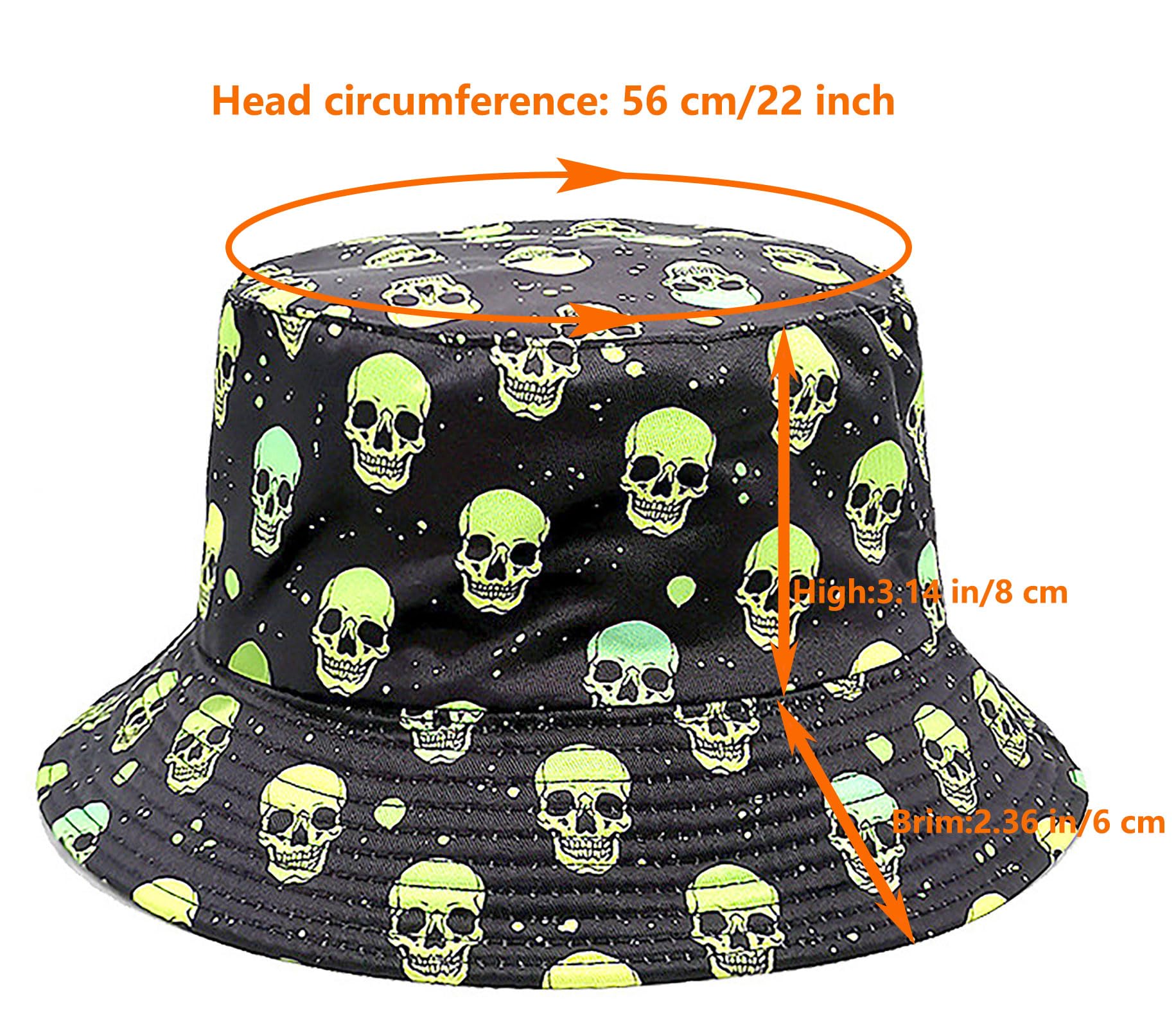 IHAUIUE Skull Print Bucket Hat Halloween Pattern Fisherman Cap Reversible Packable Sun Hats for Women, Men, Small Green Skull