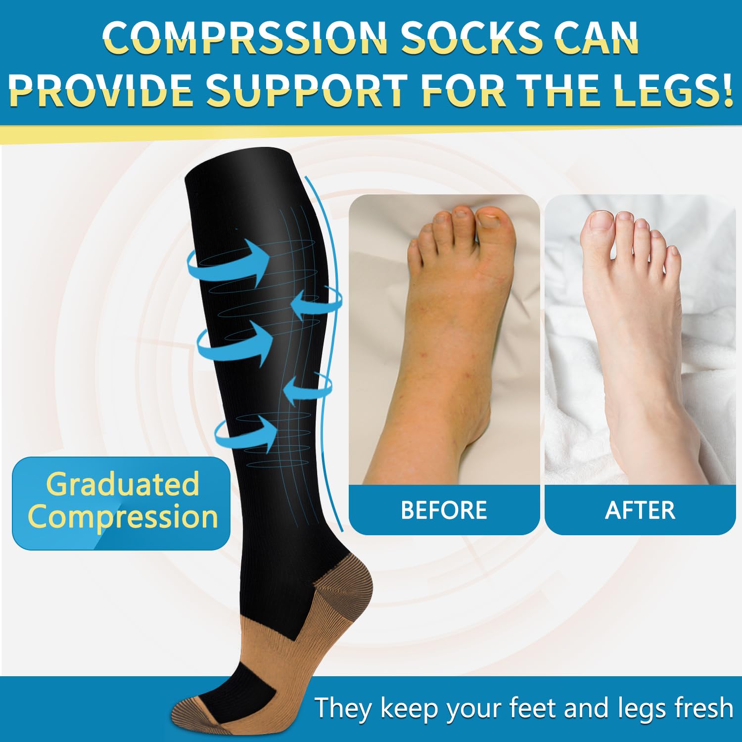 Iseasoo 3 Pairs Copper Compression Socks for Women&Men Circulation-Best for Running,Nursing,Hiking,Flight&Travel(L/XL)