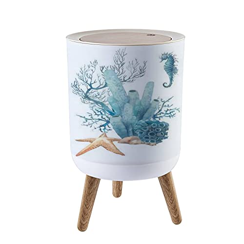 Small Trash Can with Lid Watercolor sea Horse Star Fish and Coral Hand Drawn Isolated 7 Liter Round Garbage Can Elasticity Press Cover Lid Wastebasket for Kitchen Bathroom Office 1.8 Gallon