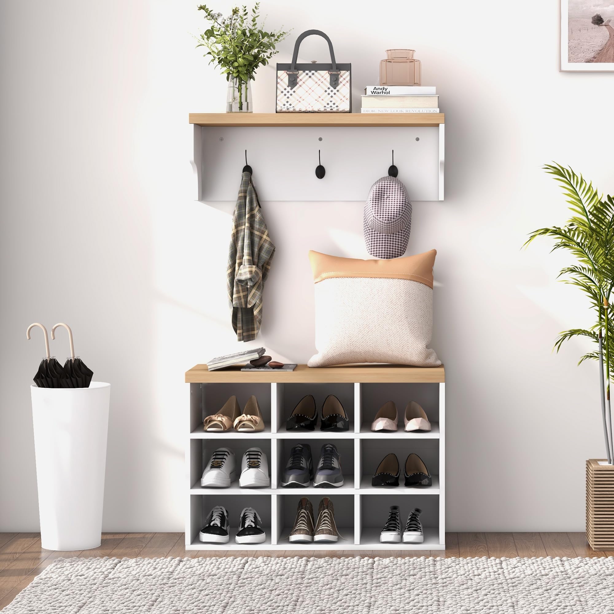 HOMCOM 2-in-1 Coat Rack Shoe Bench Set, 5-Hook Hall Tree with Bench and Shoe Storage for 9 Pairs of Shoes for Entryway, Hallway, White