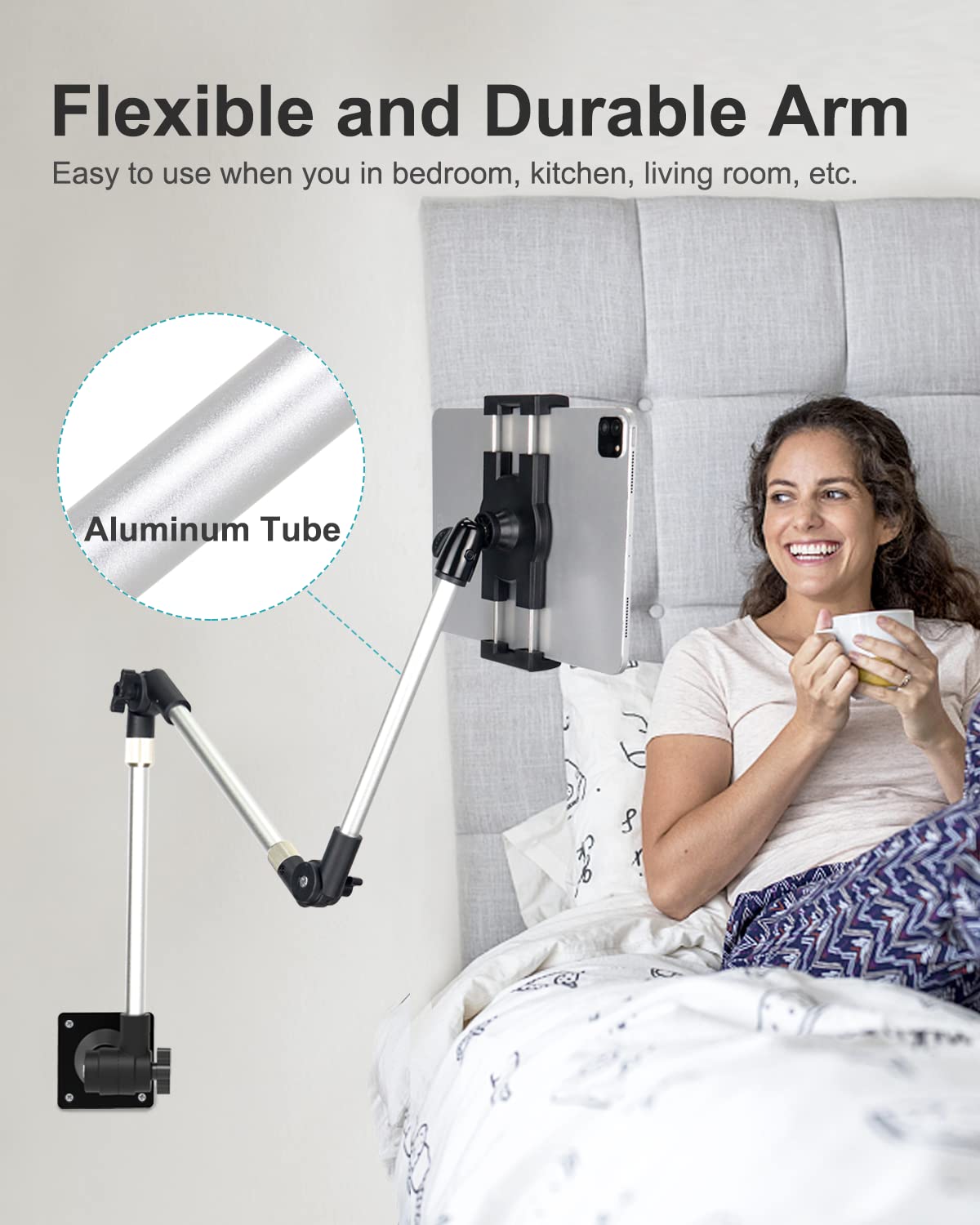 Tablet Wall Mount for iPad, 35in Adjustable Arm Drill Base Tablet Mount for Kitchen Cabinet Desk, Camera Holder Webcam Stand for iPad Pro 12.9 Air Mini, Galaxy Tabs, Switch,iPhone,4-13" Tablets