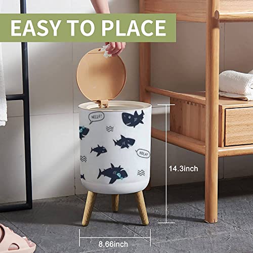Small Trash Can with Lid Cute Shark Kids t Shirt Wood Legs Press Cover Garbage Bin Round Simple Human Waste Bin Wastebasket for Kitchen Bathroom Office, 8.67x14.3inch