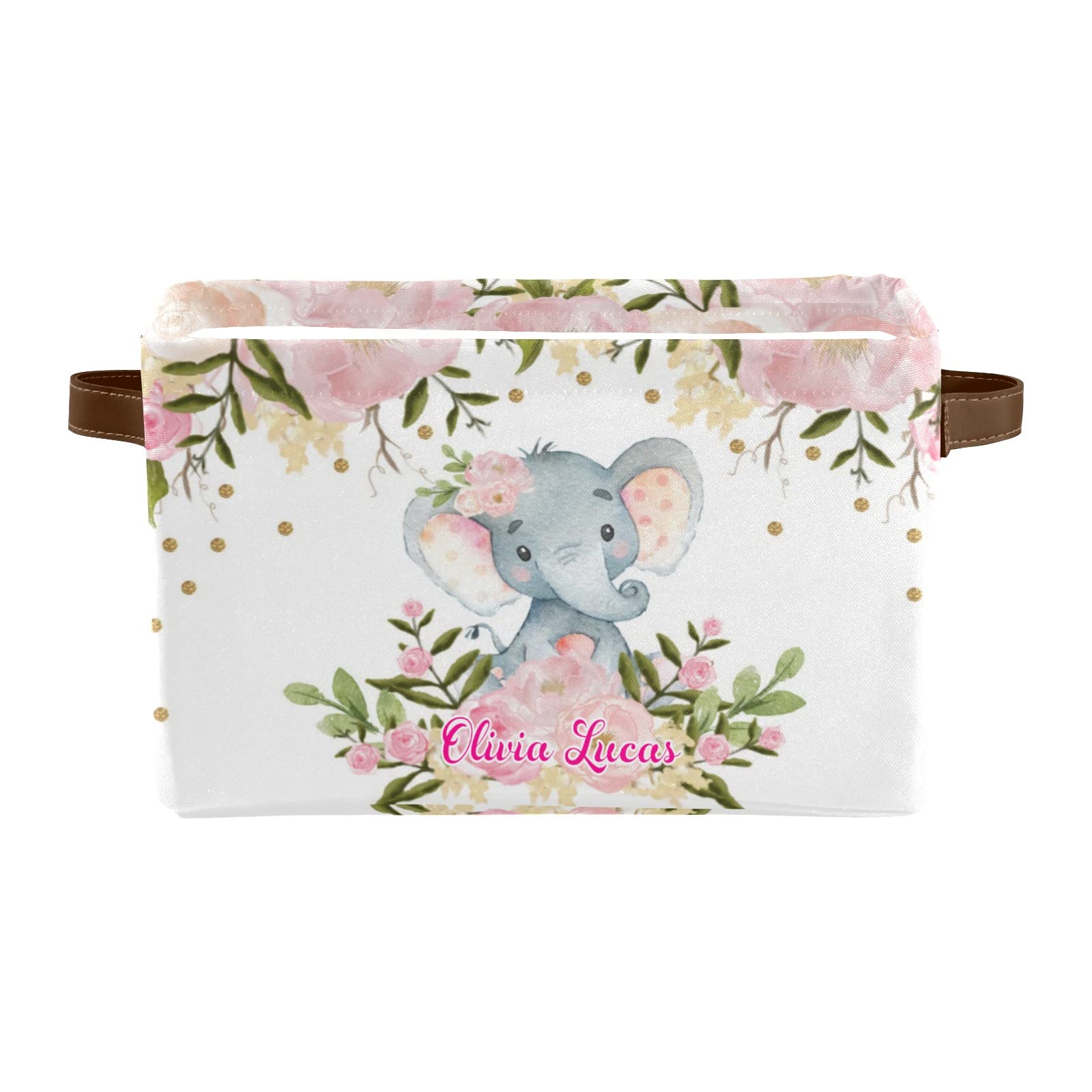 Rose Floral Elephant Personalized Storage Basket,Custom Storage Bins Cubes Organizer with Handle for Bedroom Wardrobe,Nursery,Basket 1 Pack