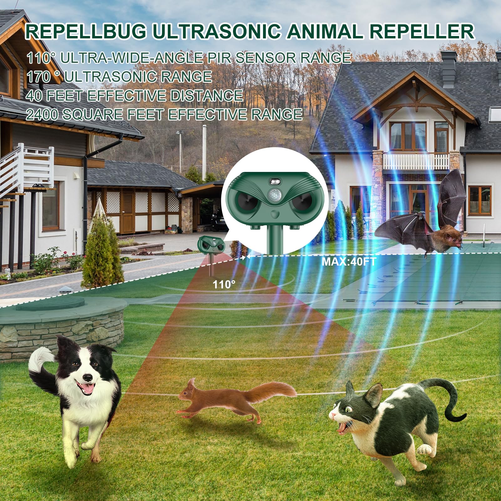 Ultrasonic Solar Animal Repeller, 2024 Upgrade Waterproof Outdoor Solar Powered Groundhog Repeller Gopher Deterrent Chaser Spike to Repell Burrowing Vole Repellent,Rodents for Lawn, Yard