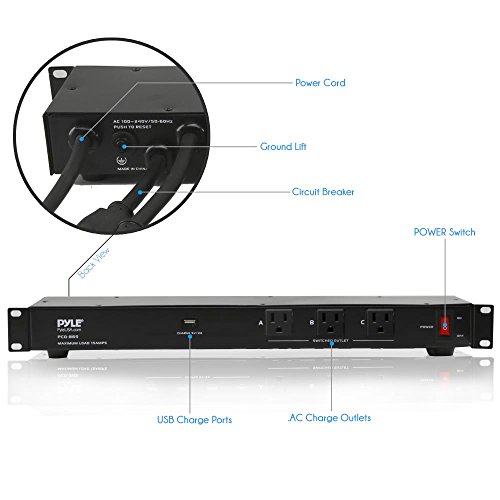 Pyle 19 Outlet 1U 19" Rackmount PDU Power Distribution Supply Center Conditioner Strip Unit Surge Protector 15 Amp Circuit Breaker USB Multi Device Charge Port 15FT Cord (PCO860) Black