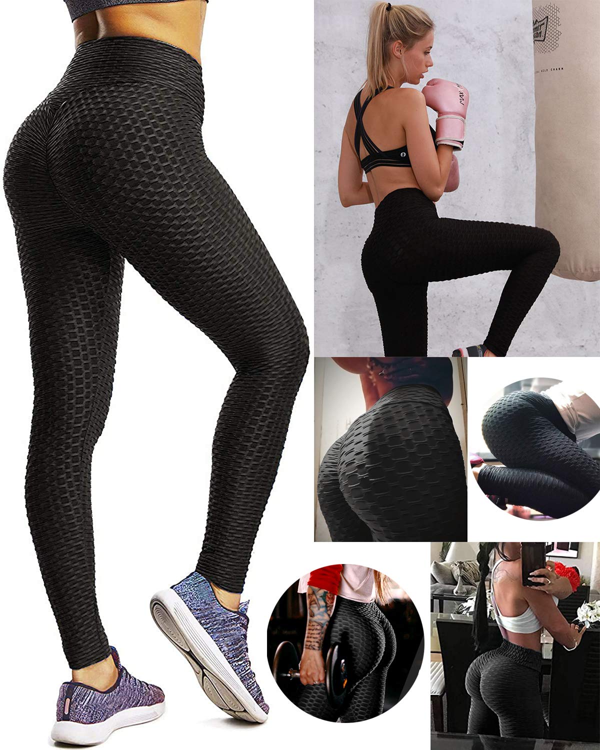Jenbou Women's High Waist Yoga Pants Butt Lifting Ruched Stretchy Leggings Tummy Control Workout Sport Tights Black
