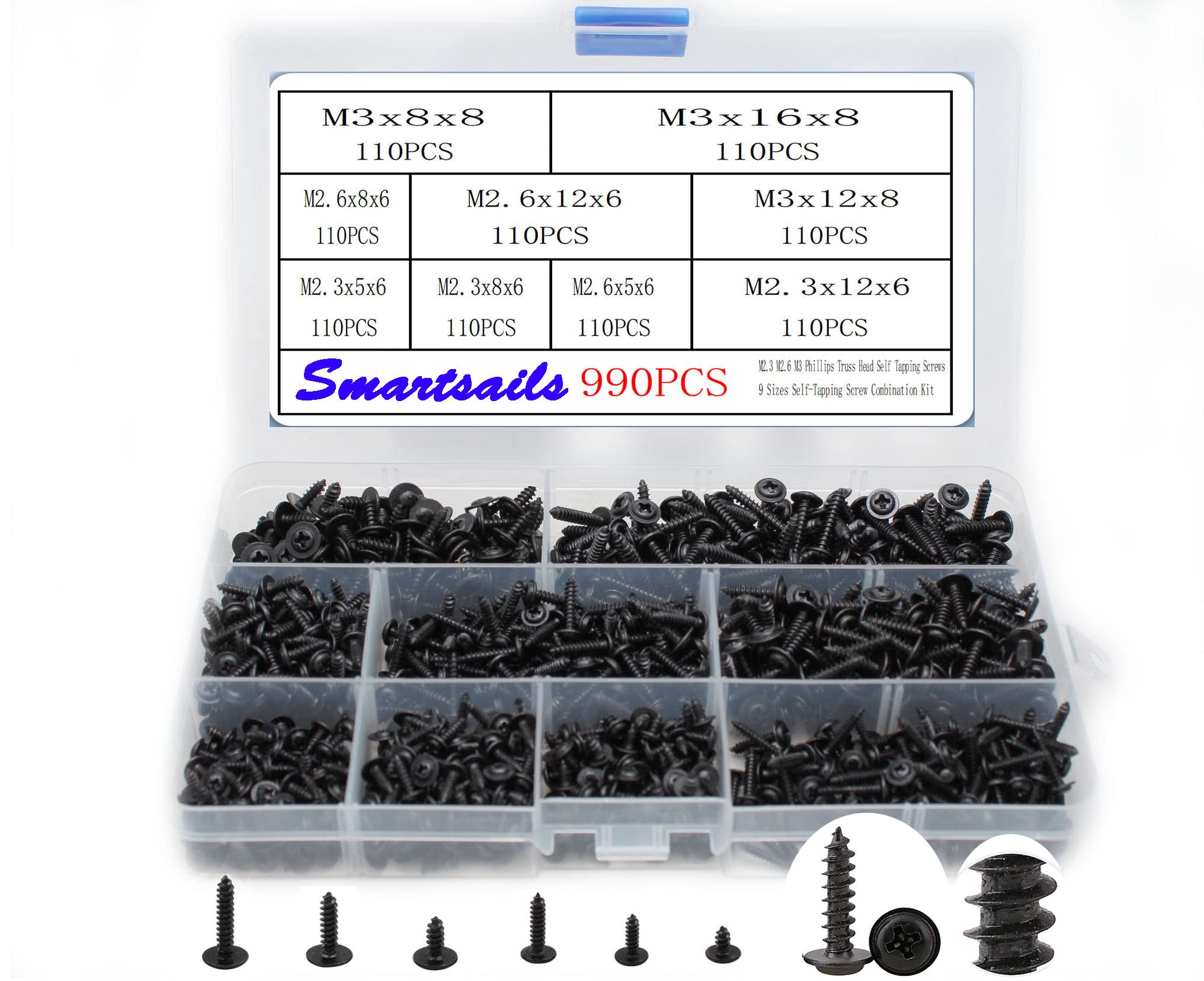 Smartsails M2.3 M2.6 M3 Phillips Round Head Carbon Steel Black Self Tapping Screws, Round Head Screws, Pan Head Screws with Washers 9 Sizes Self Tapping Screw Combo Kit,(990PCS)