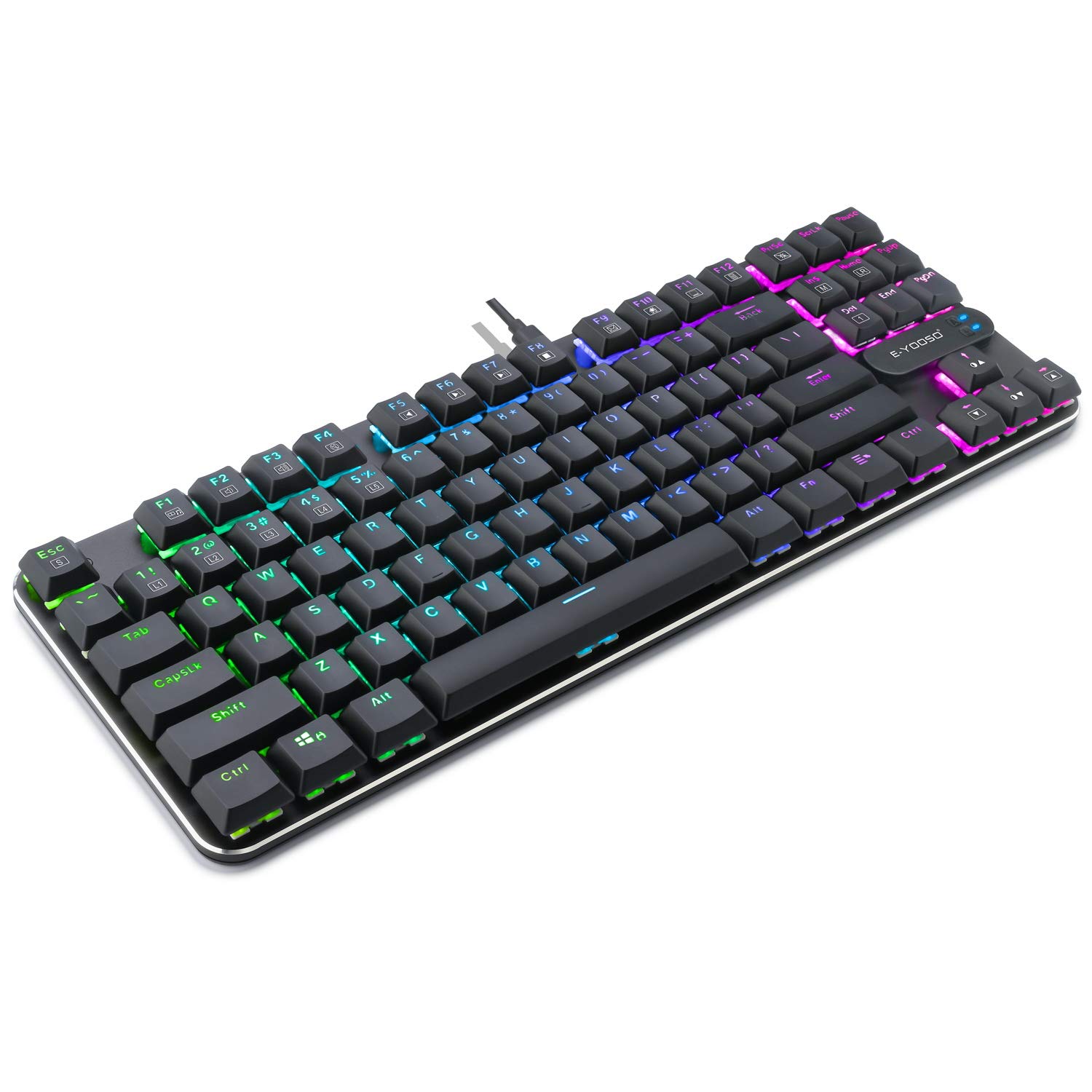 HUO JI Z-66 RGB Mechanical Gaming Keyboard with Metal Panel, Blue Switches, Detachable Cable, Low Profile, USB Wired 87 Keys for Windows PC Gaming, Black