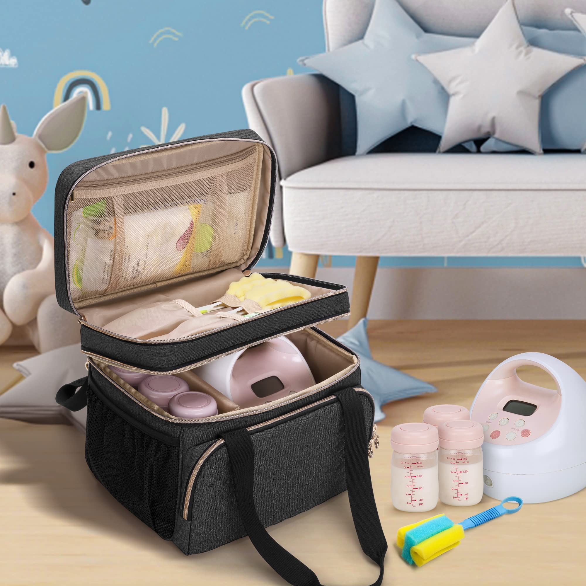 Luxja Double Layer Breast Pump Bag Compatible with Spectra S1 and S2, Pump Bag for Breast Pump and Extra Parts, Bag Only, Black