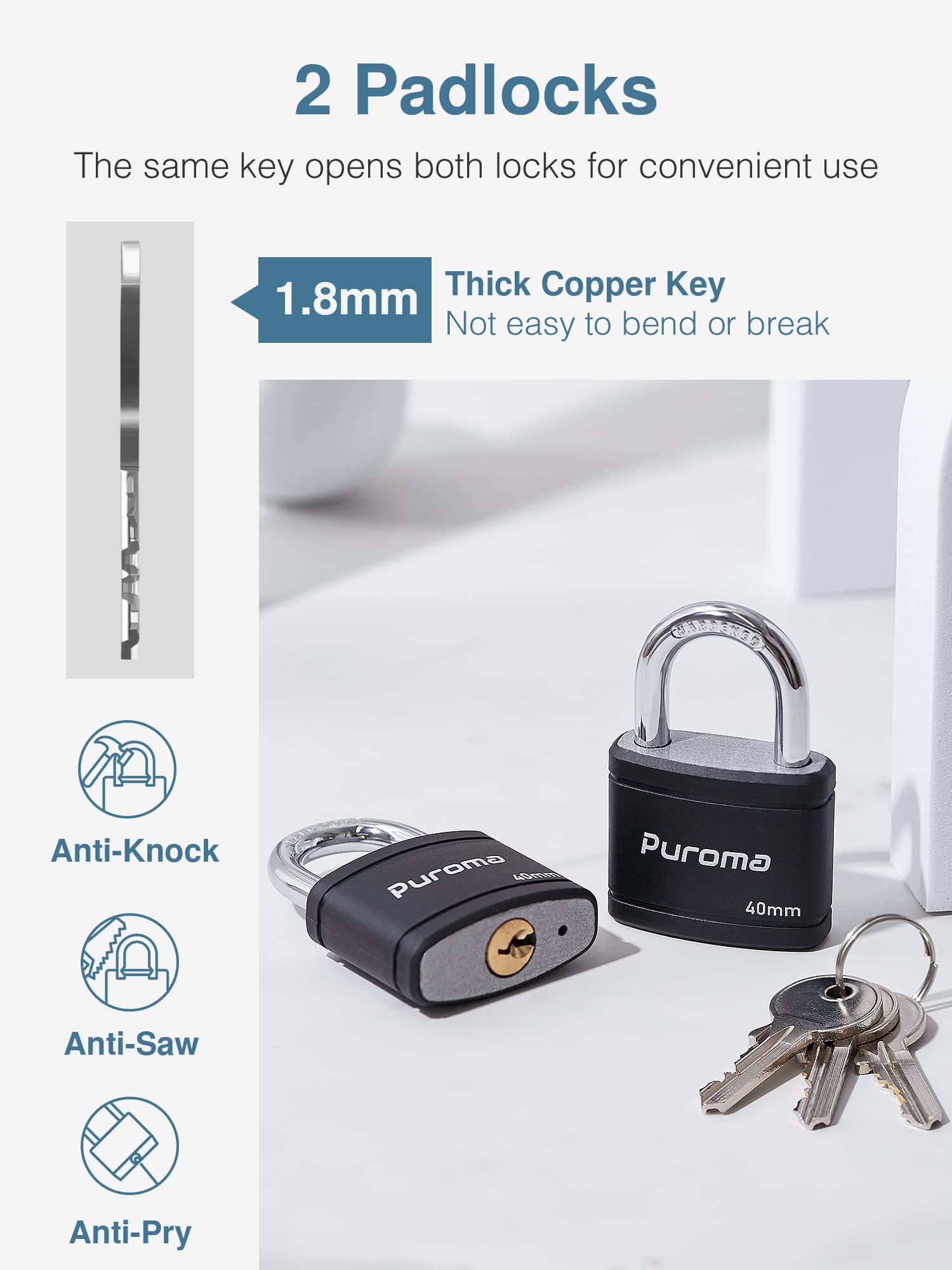 Puroma 2 Pack Keyed Padlock with 3 Keys, 1.1 Inch Locker Lock 40mm Heavy-Duty Locks for Gate Fence Hasp Cabinet Toolbox School Gym Locker (Black)