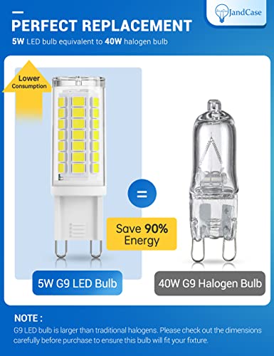 JandCase G9 LED Light Bulbs 5W, 40W Halogen Equivalent, 6000K High Brightness 400LM, G9 Base, Non-Dimmable, Flicker-Free, Daylight White for Home Lighting, Chandeliers, Household Applications, 5 Pack