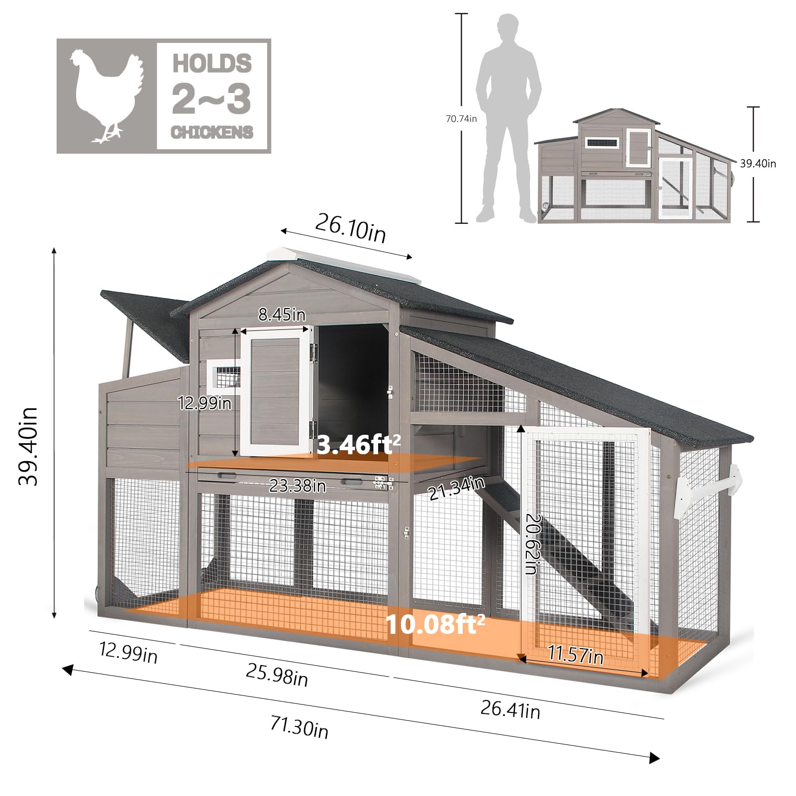 PetsCosset Chicken Coop Wooden Backyard Hen House - Indoor Outdoor for 2-3 Chickens, 2 Story Poultry Cage with Run, Chicken Nesting Box, Pull Out Trays and Anti-Slip Asphalt Ramp