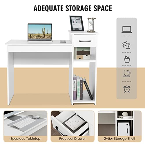 STAKOL White Desk with Drawers, Compact Study Writing Table, PC Laptop Workstation with CPU Stand & Shelves, Computer Desk for Small Space Home Office (White)