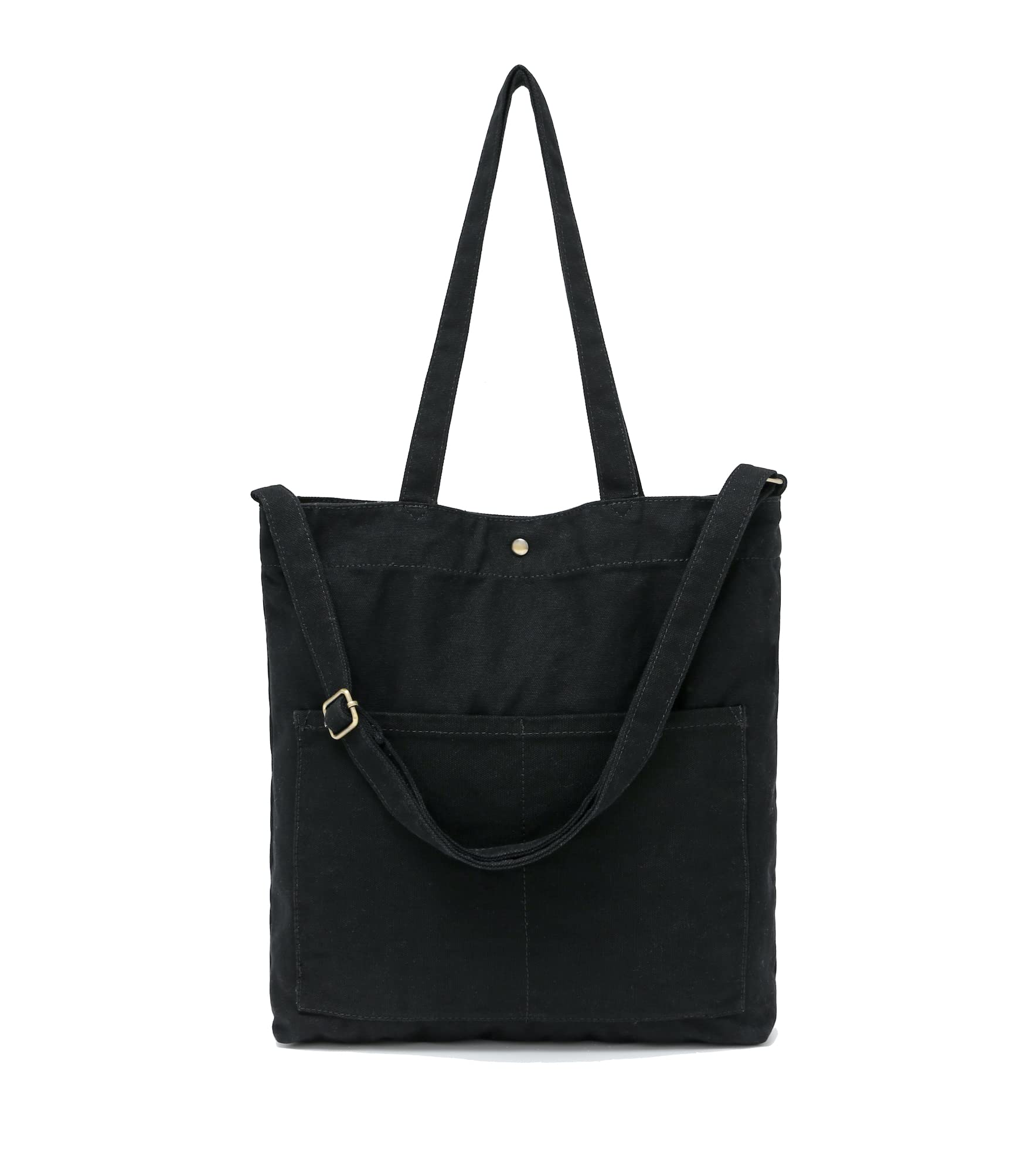 Jeelow 16oz Heavy Duty Canvas Tote Bag Crossbody Shoulder Handbag for Men & Women Washed Cotton Adjustable Strap Multiple Pockets (Black 2 Way)