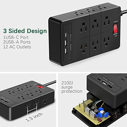 Power Strip with USB C - 12 Widely Outlets with 2 USB Charging Ports+1 USB C Total 3.1 A, 6 ft Long Heavy Duty Extension Cord,Overload Surge Protection, Surge Protector Wall Mount for Home (Black)
