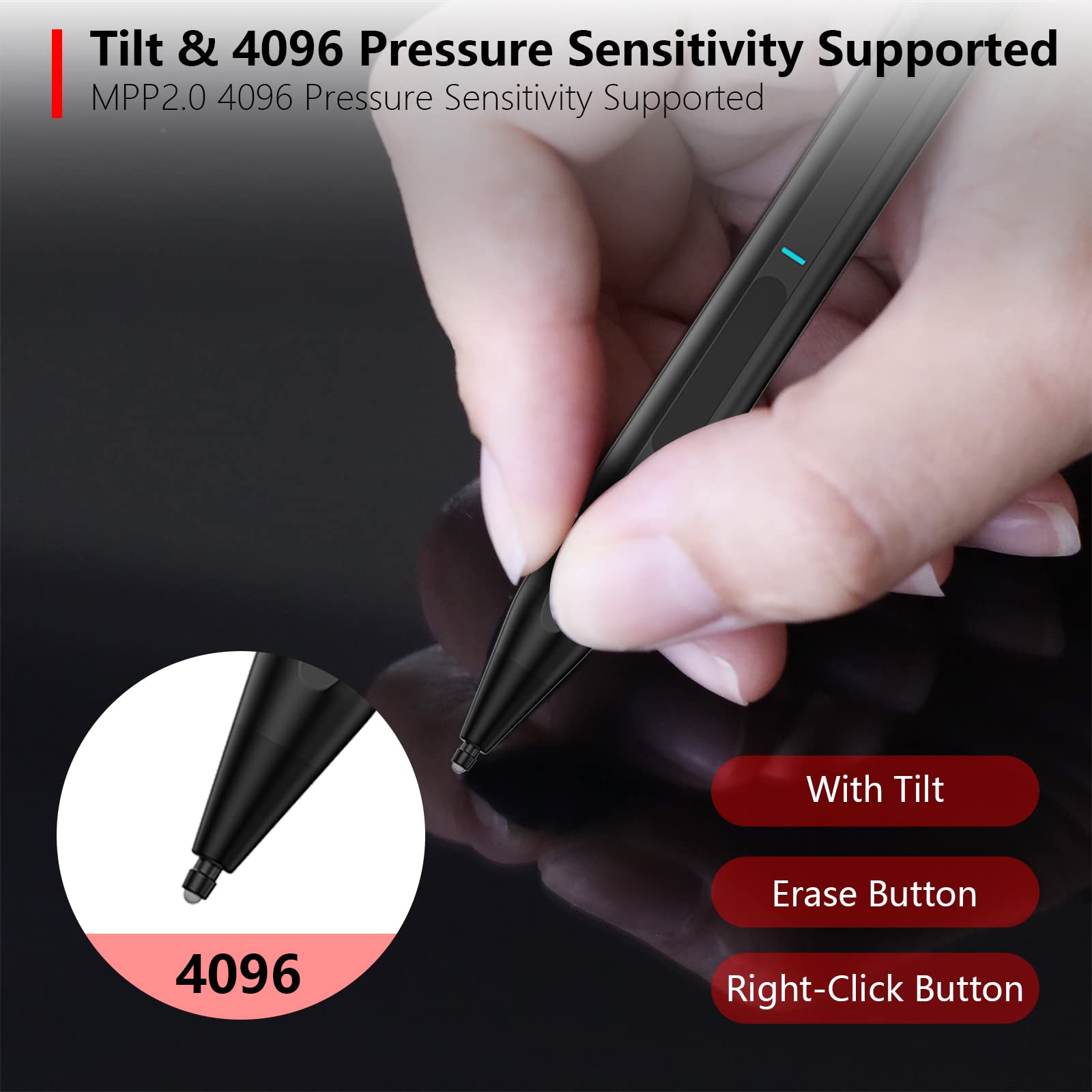Stylus Pen for Surface, 4096 Pressure Sensitivity, Palm Rejection, Tilt, Official Authorized, Surface Pen Compatible with Microsoft Surface Pro X/8/7/6/5/4/3/Surface 3/go 2/go 3/Laptop Pen/HP/ASUS