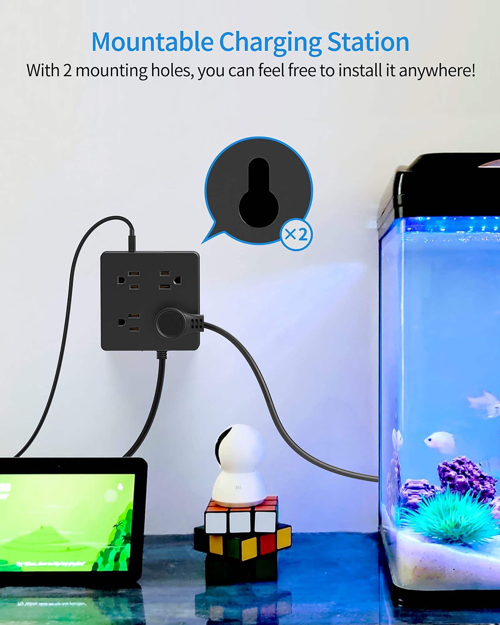 Power Strip, SUPERDANNY Surge Protector, Desktop Charging Station, 4 Outlets, 4 USB Ports, 900 Joules, 5 Ft Extension Cord, Grounded, 3-Prong, Wall Mount, for Home, Office, Hotel, Dorm