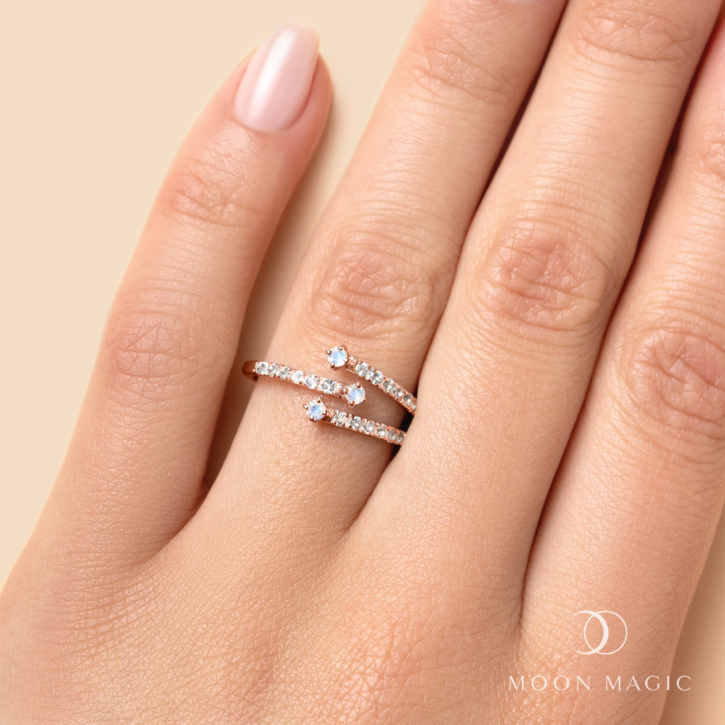 Moon Magic - Adjustable Authentic Moonstone Ring - Twine/Real 925 Sterling Silver - 18k Rose Gold Rainbow Moonstone Rings for Women/Genuine Moonstone Jewelry