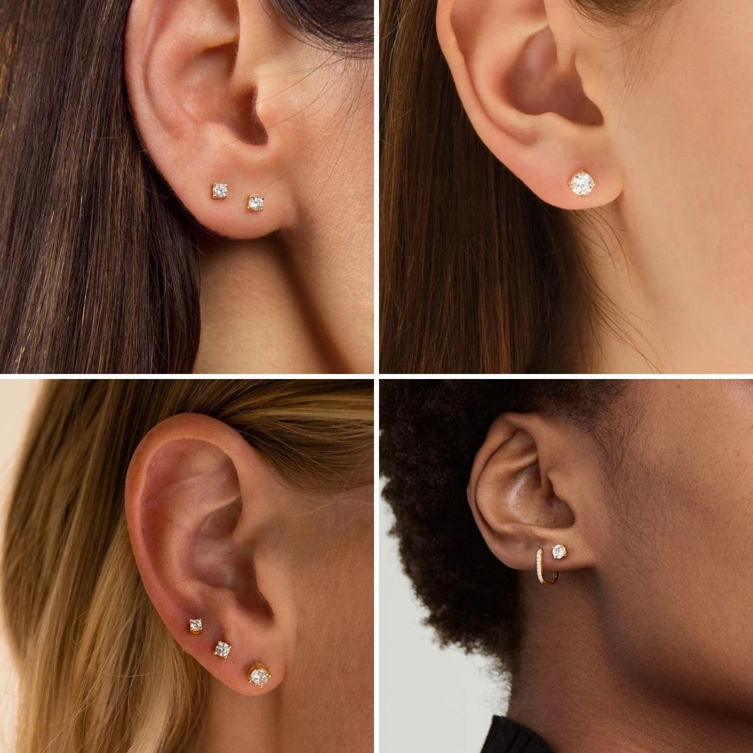 Kainier Women's 5 Pairs 14K Gold Plated CZ Stud Earrings Simulated Diamond Round Cubic Zirconia Hypoallergenic Ear Stud Set(5 Pairs)