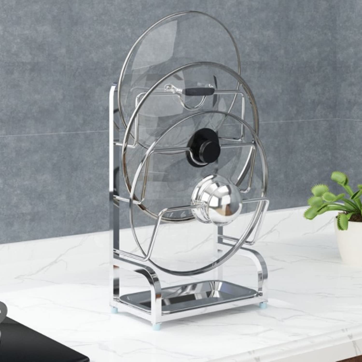 ikare Pot Lid Organizer Rack For Bakeware Pot Lid Holder Organizer Scratch Protection Lid Stand Wall Mounted Pan Lid Holder (Silver)