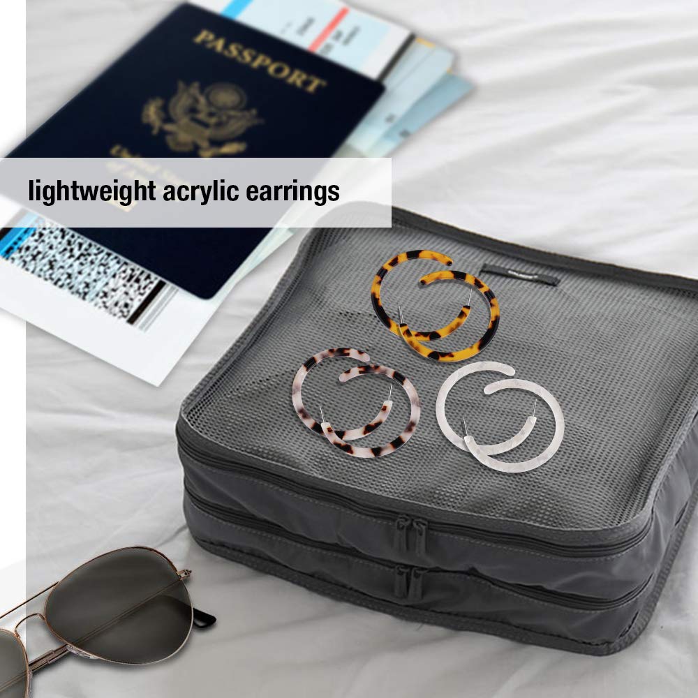 JSJOY Lightweight Resin Acrylic Hoop Earrings,Bohemian Small Resin Statement Earrings,Acrylic Earrings for Women Hoop Set,Hypoallergenic,White,Tortoise Shell,Leopard,3 Pairs