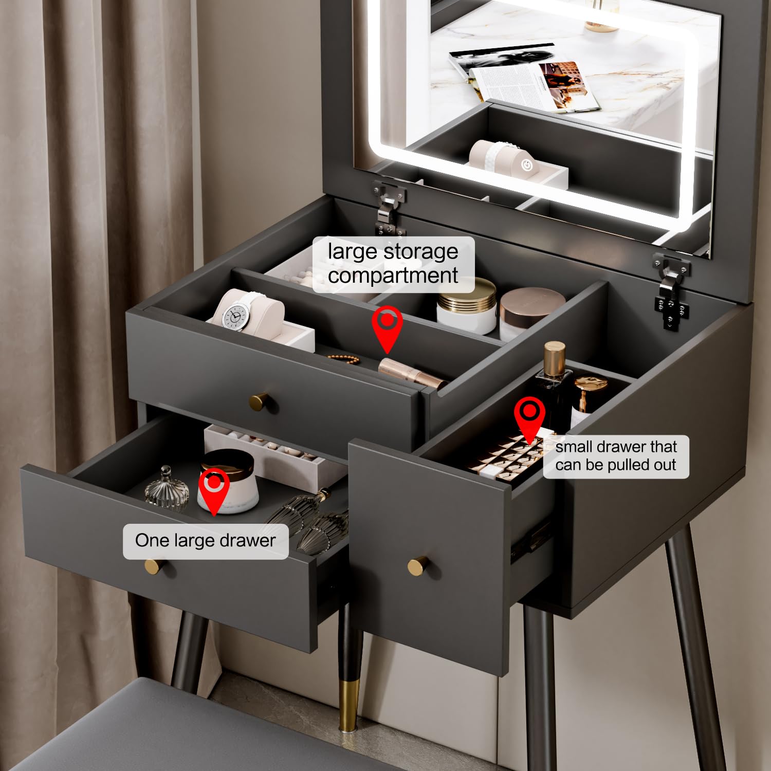 Ieejdn Black Vanity Set with 3 Color Touch Screen Dimming Mirror Flip Top and Cushioned Stool, Makeup Dressing Table Writing Desk 2 Drawers & Removable Organizers, Bedroom for Women, 15.7D*23.6W*54H