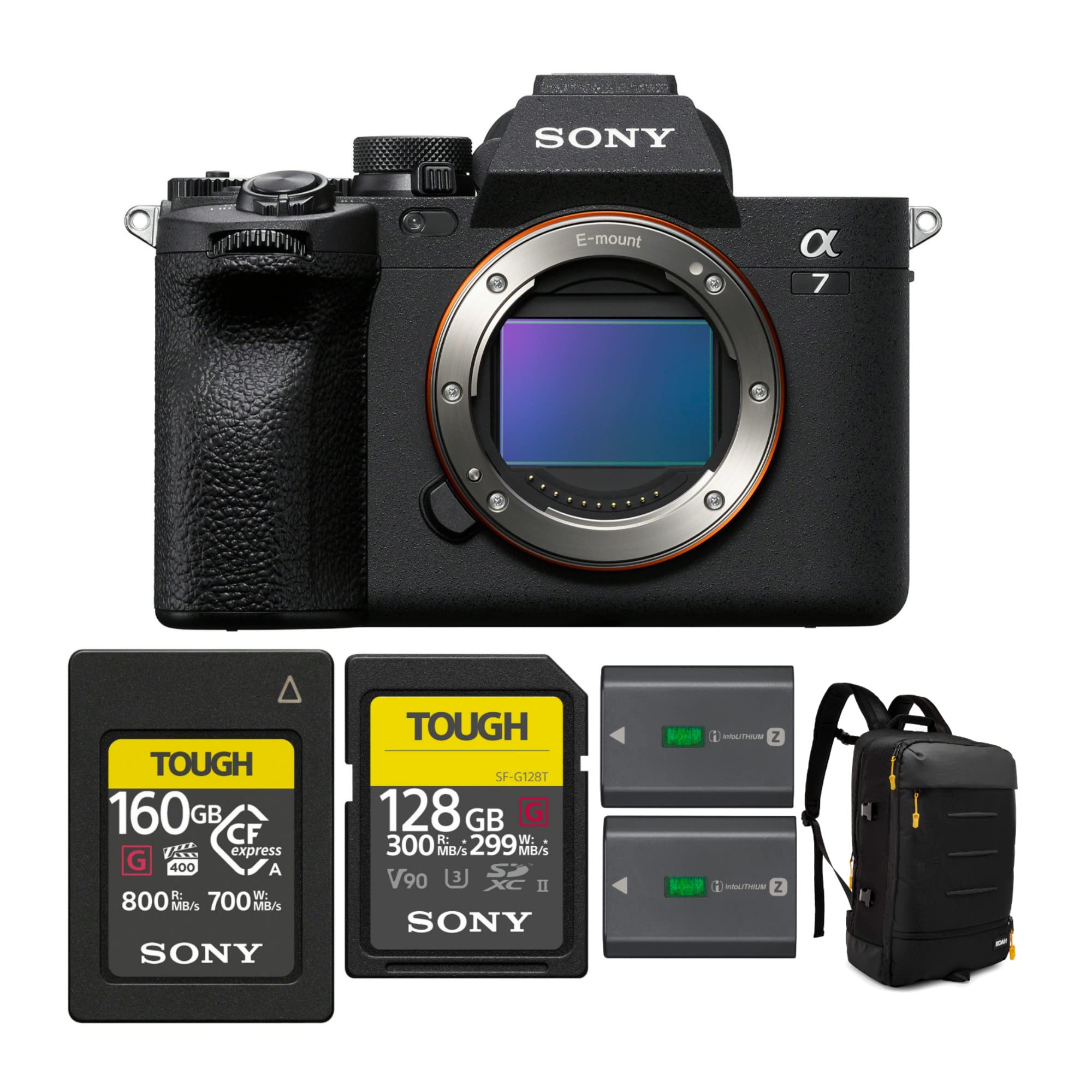Sony Alpha 7 IV Full-Frame Mirrorless Interchangeable Lens Camera (Body Only) with Sony CFexpress Type A 160GB, Sony 128GB UHS-II Tough SD Card, Camera Backpack and Battery Pack Bundle (6 Items)