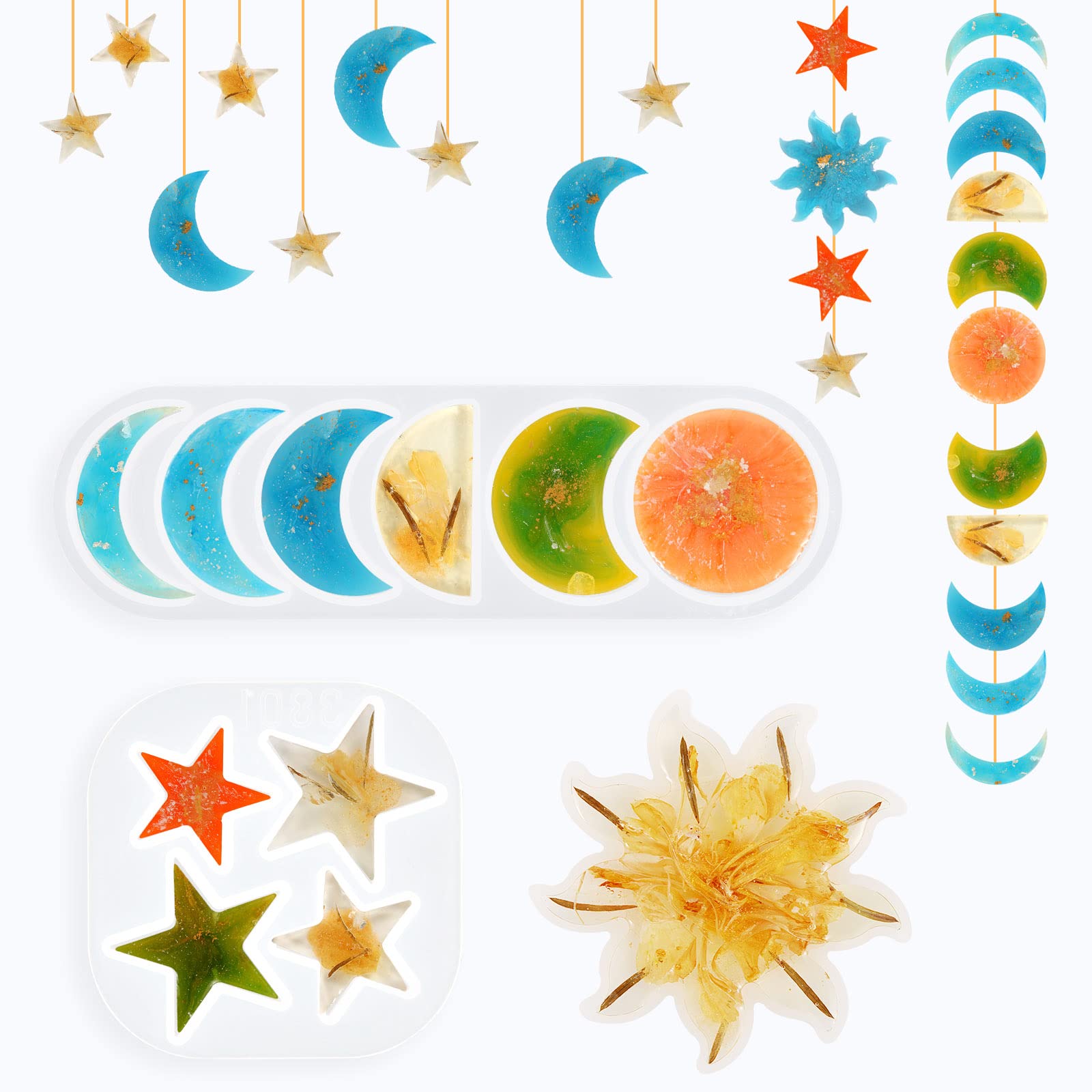 Moon Phase Resin Molds - Sun and Star Epoxy Silicone Mold Kits with Hemp Rope and Screws for Resin Casting, Wall Hanging, Home Decor, Key Chain