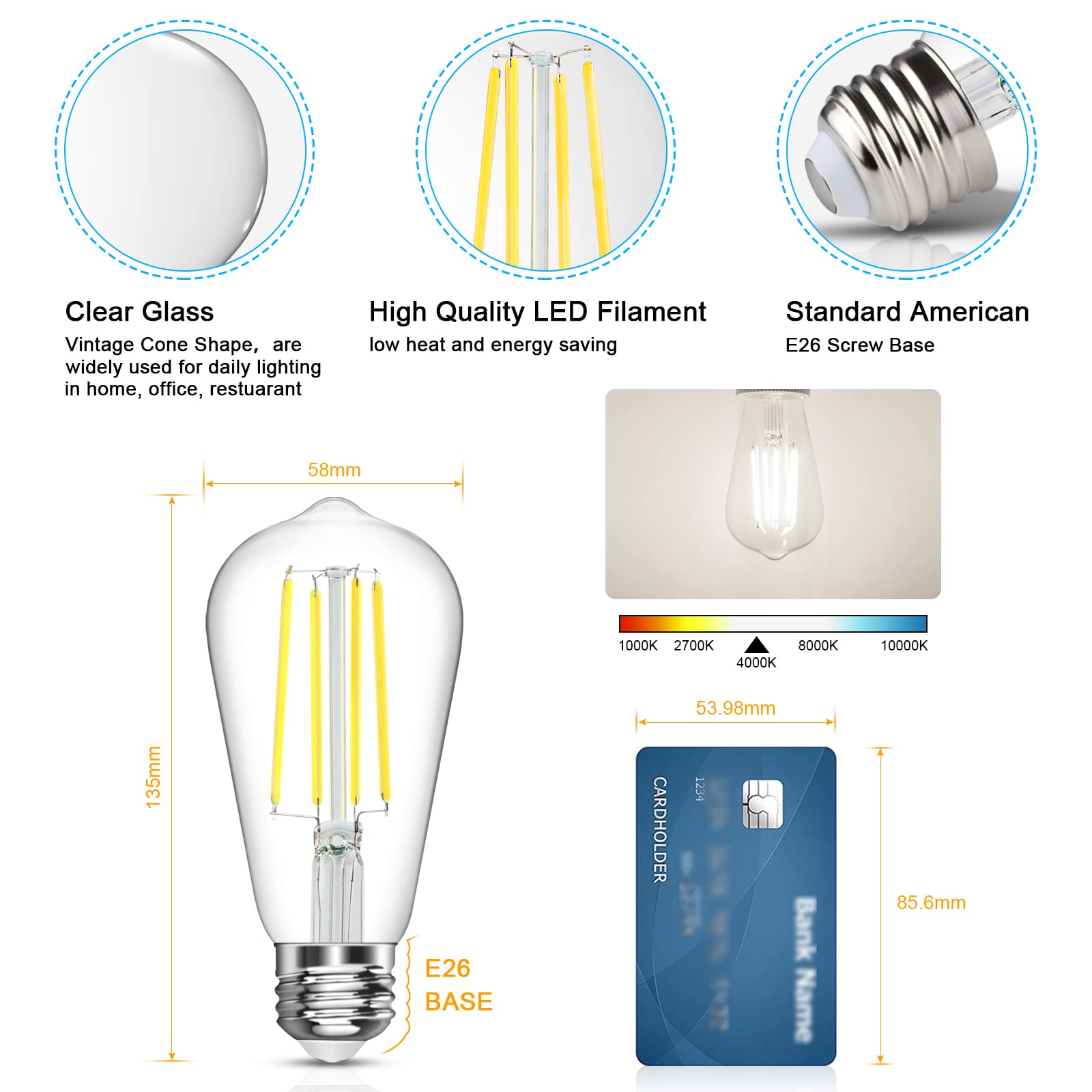 LANGREE Vintage Edison Led Bulb, Dimmable ST58 LED Light Bulbs, Equivalent 60W, Daylight White 4000k, E26 Medium Base, CRI 80+ LED Filament Bulbs, Pack of 5