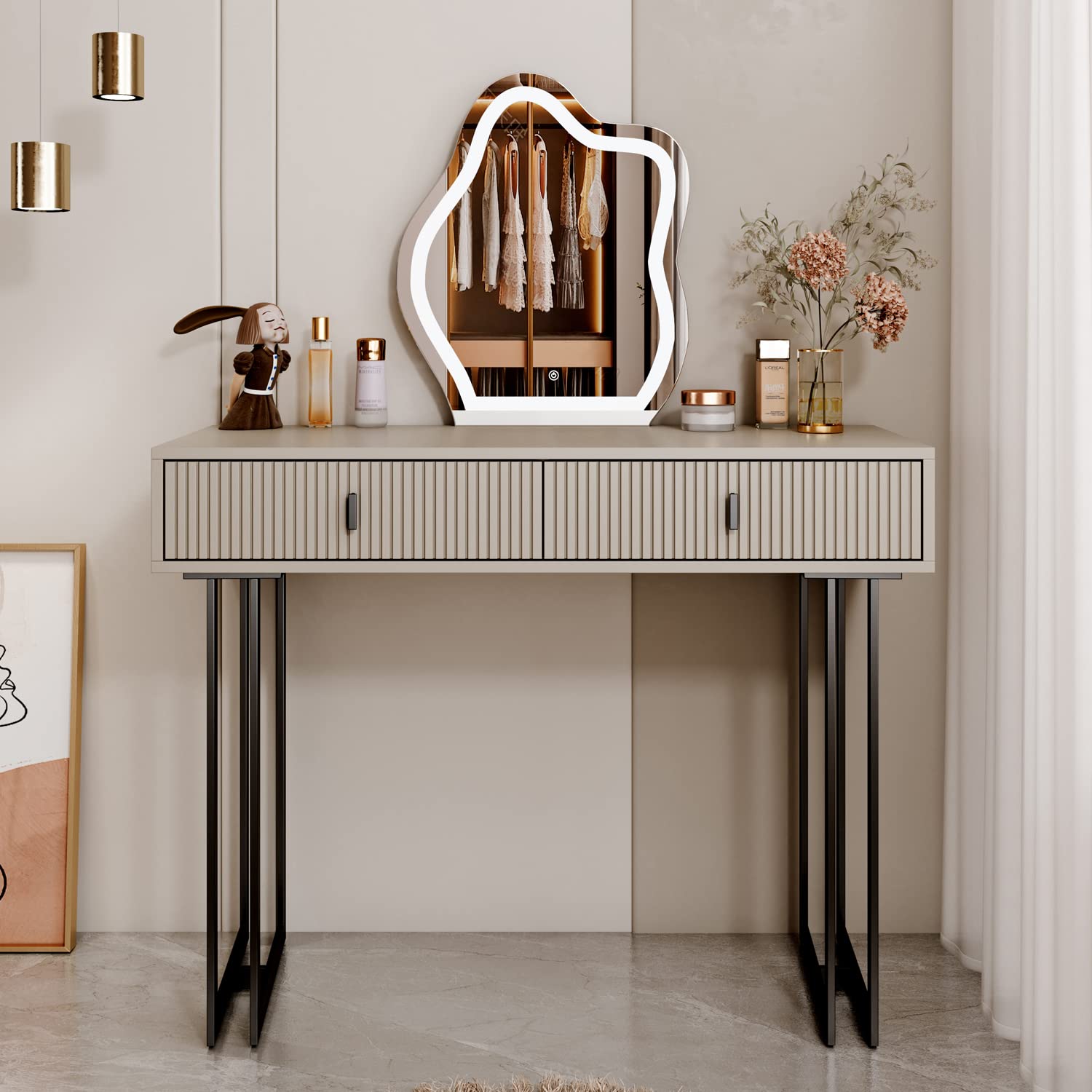 Ieejdn Vanity Desk with 3 Color Touch Screen Dimming Mirror, Modern Makeup Dressing Table with Adjustable Cabinet and 2 Sliding Drawers, Vanity Table Set for Makeup Room, Bedroom