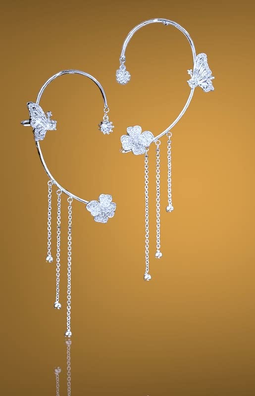 New Silver Trendy Crystal Diamond Flower Clip On Earrings No Piercing Cuffs iced Out Zircon Cz Tassel Butterfly Ear Cuff Earring