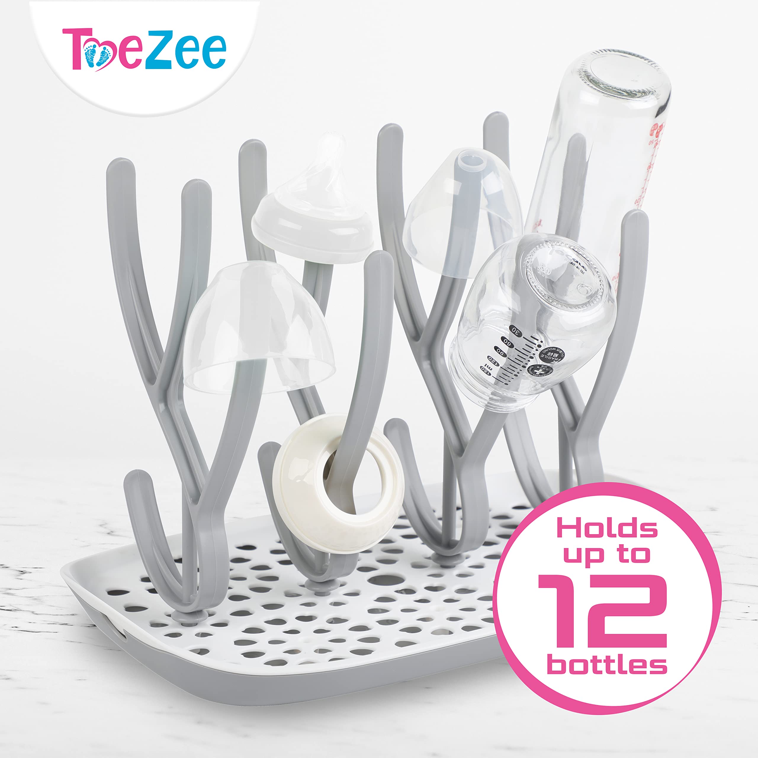 ToeZee Baby Bottle Drying Rack Space Saving Countertop Baby Bottle Holder, Drying Rack for Baby Bottles Accessories - Stores Up to 12 Bottles, Dishwasher Safe (Gray)