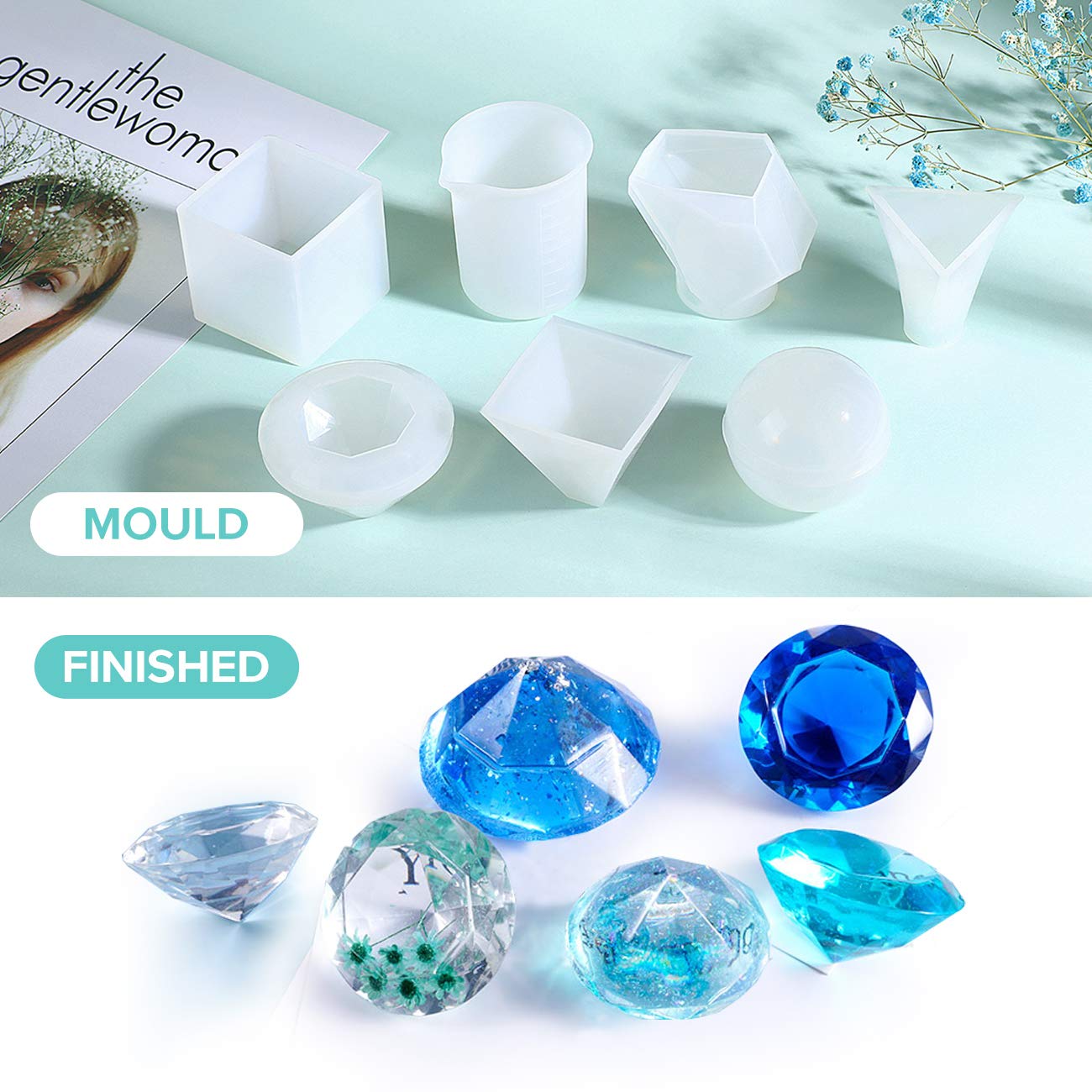 ISSEVE Silicone Resin Molds 18Pcs DIY Casting Molds Tools Set Including 6 Pack Large Various Shape Silicone Molds 2 Measurement Cups 10 Wood Sticks for Resin Epoxy Candle Wax Soap Home Décor
