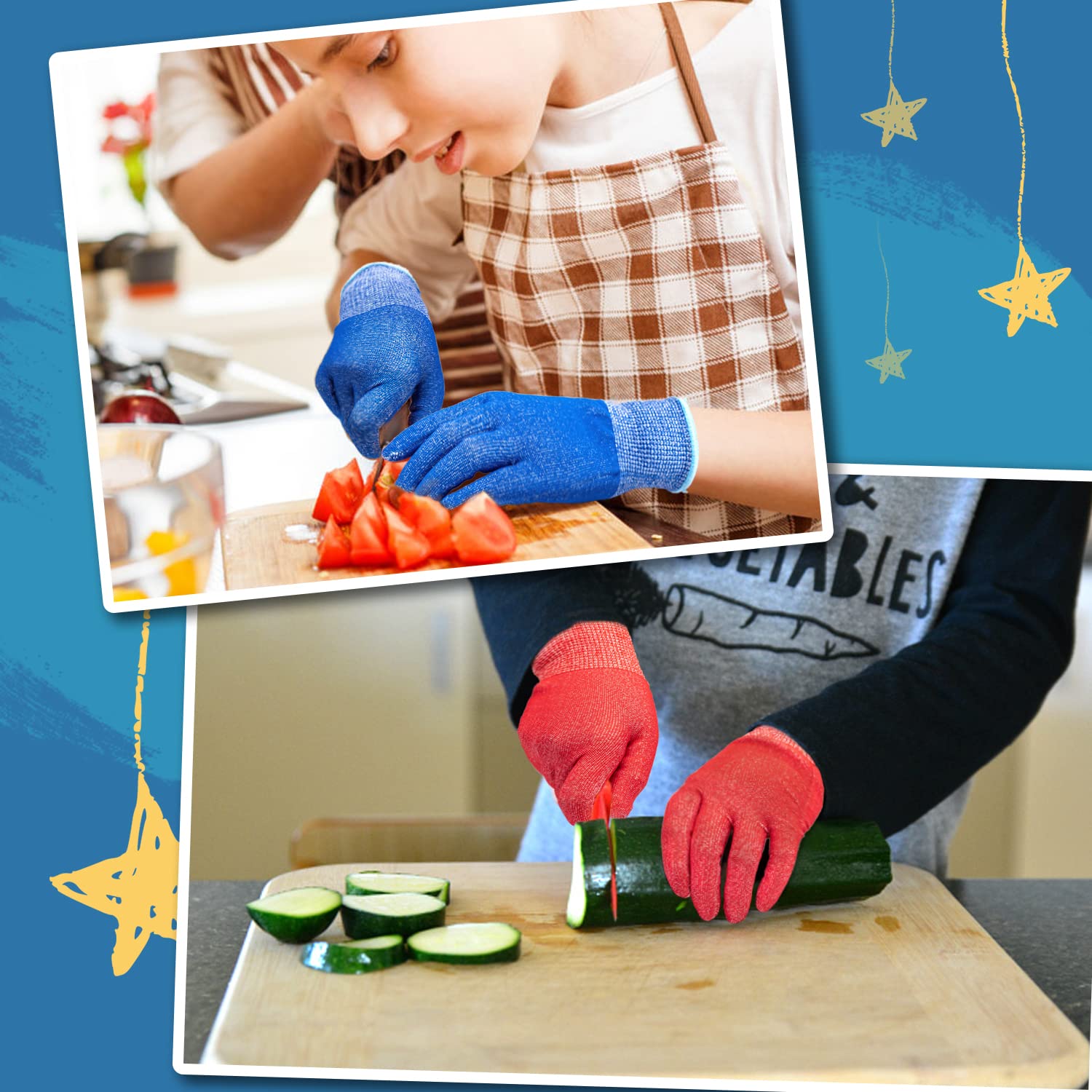 Schwer 2 Pairs ANSI A6 Kids Cut Resistant Gloves, Food Grade Work Gloves, S(9-14 Years), Cut Gloves for Kitchen, Mandoline, Gardening and DIY(Blue&Red)