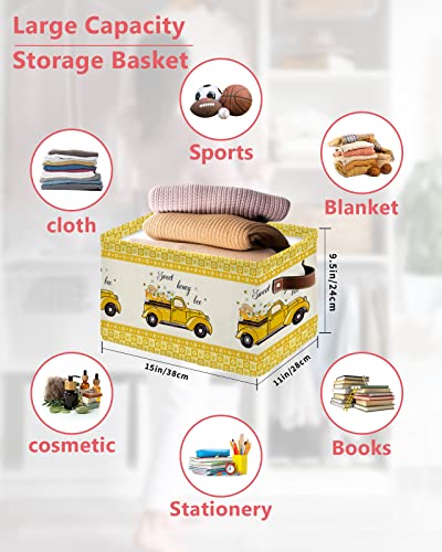 Storage Baskets for Organizing, Toy Box Chest Farm Sweet Honey Bee Truck Daisy Yellow Buffalo Plaid Foldable Cube Storage Bin with 2 Leather Handles Set of 2