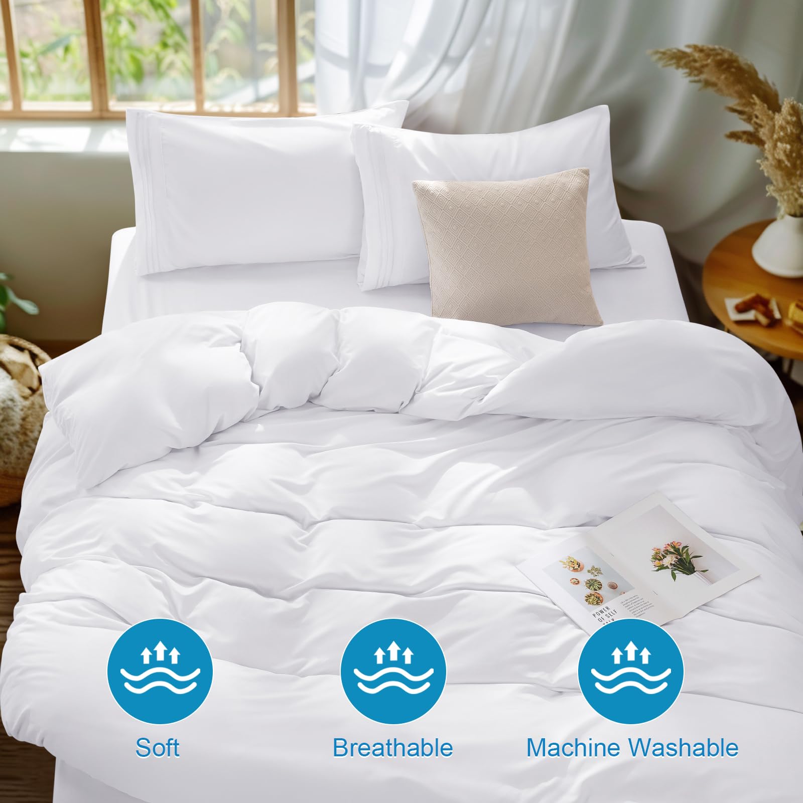SONORO KATE Duvet Cover Queen,Washed Microfiber Queen Size Duvet Cover Set,Soft & Breathable with Zipper Closure & Corner Ties(White-8,Queen)