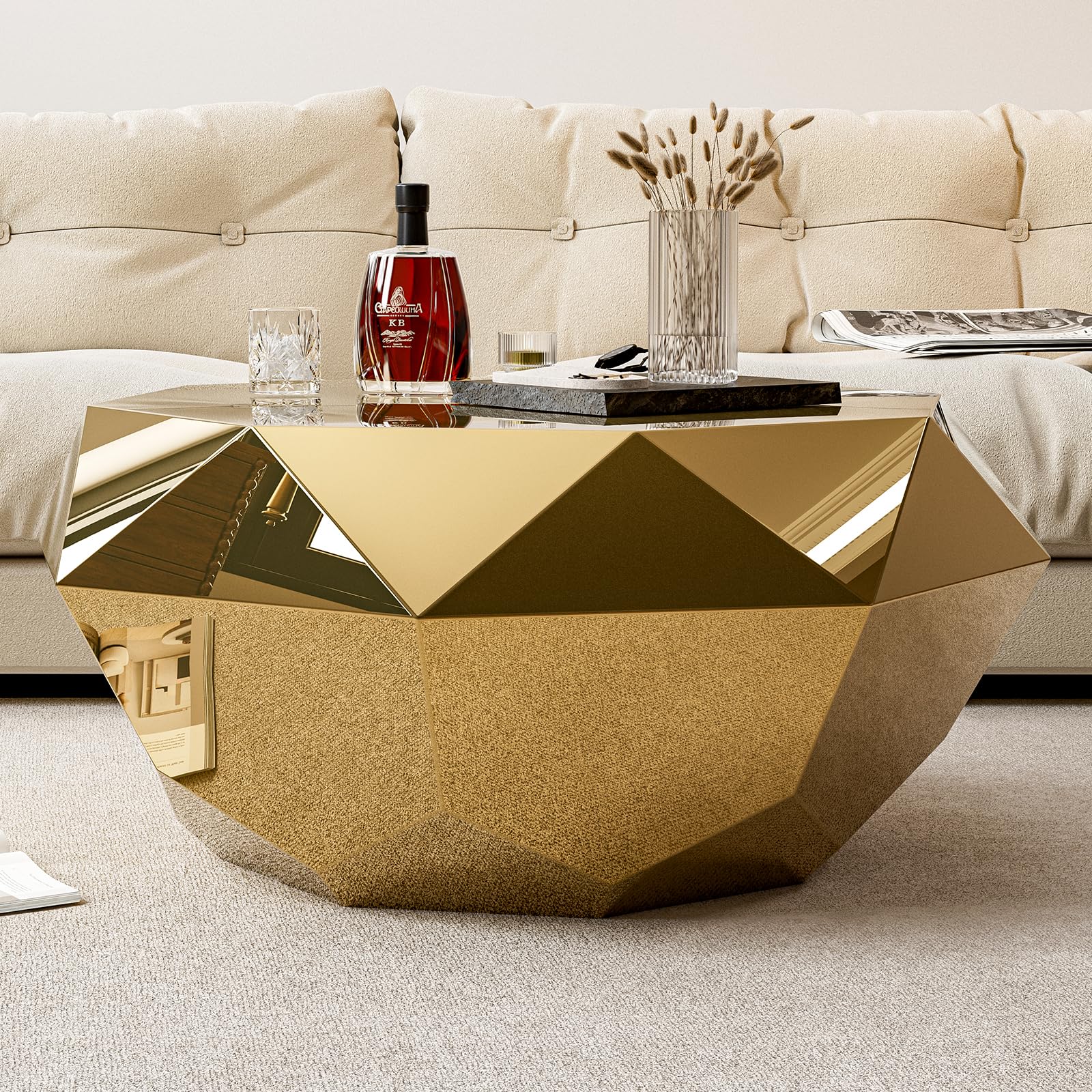 IKIFLY Modern Gold Stainless Coffee Table, Large Diamond Fashion Design Accent Table End Table for Living Room Bedroom