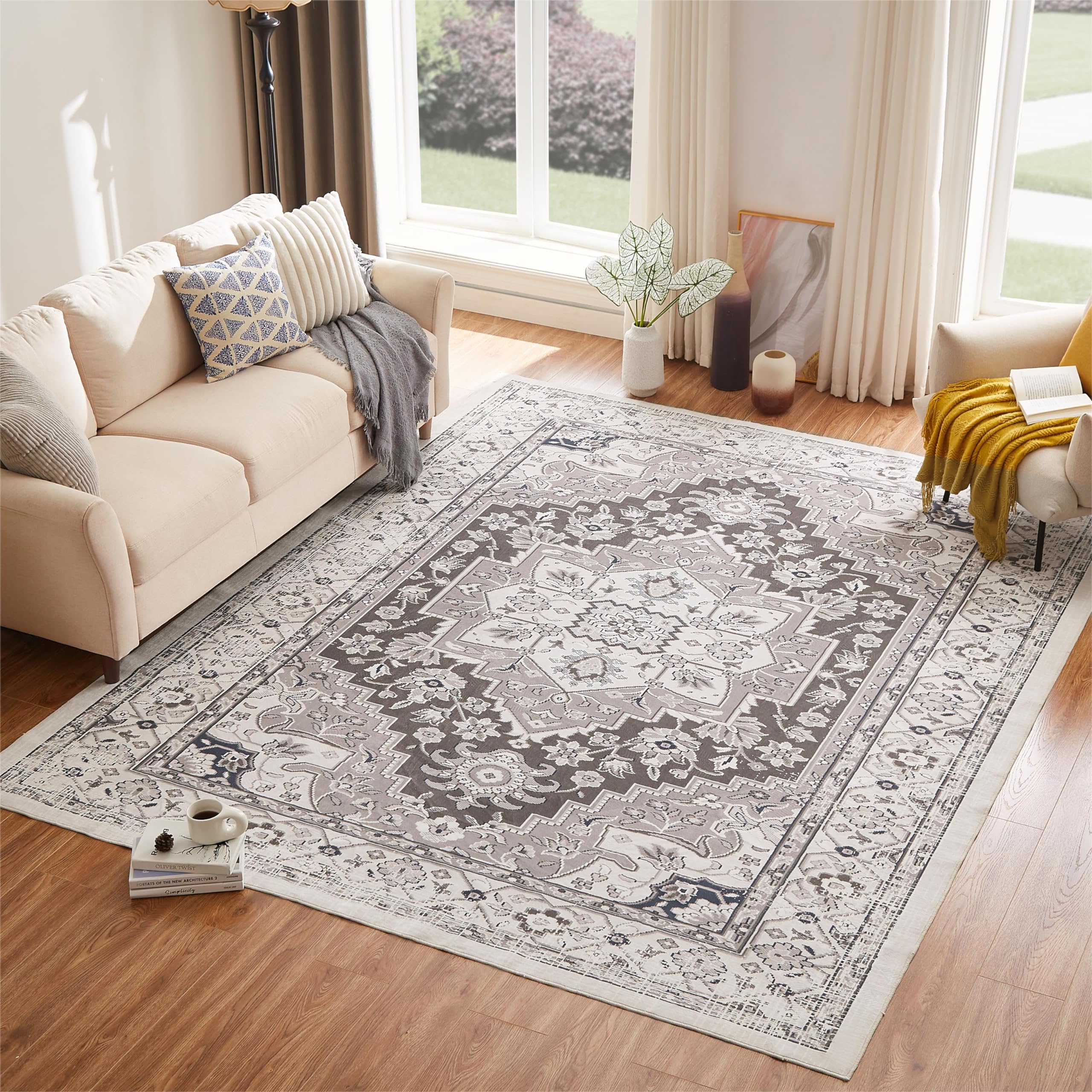 VK VK·LIVING Washable Area Rug, 4x6 Area Rug for Living Room, Boho Soft Area Rugs, Vintage Design with Non-Slip Backing for Living Room, Bedroom, Home Decor Area Rug