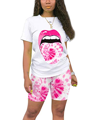 KANSOON 2 Piece Outfits for Women Summer Lips Print Short Sleeve T- Shirts and Shorts Tracksuit Set Lips-Pink S
