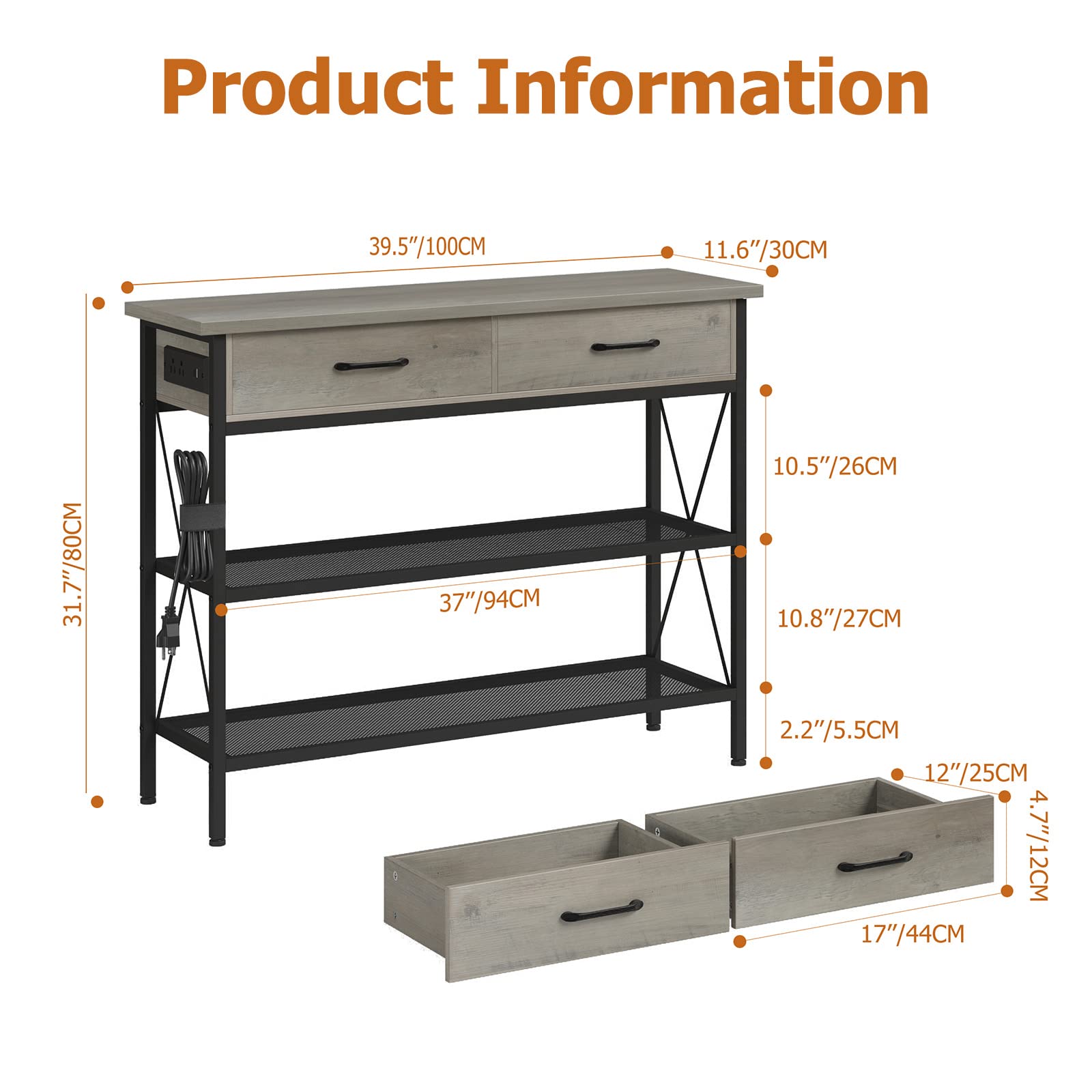 IDEALHOUSE Console Table with Storage, 39.3'' Entryway Table with 2 Drawers, Grey Behind Sofa Table, Console Table with Outlet for Living Room, Couch, Hallway, Foyer, Entryway, Kitchen-3 Tier