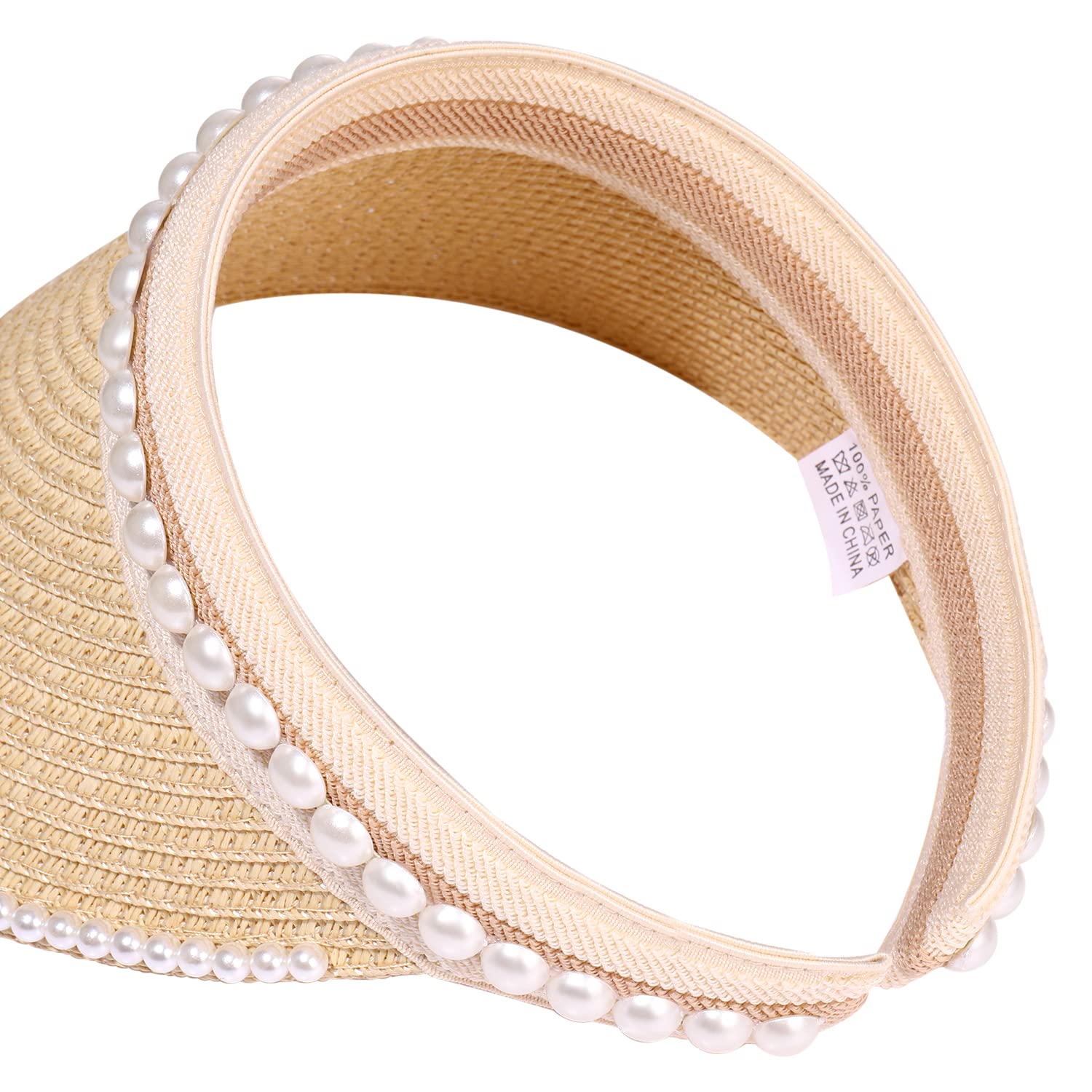 NLCAC Sun Visors for Women Pearl Straw Visor Hat Wide Brim Clip On Visor Summer Beach Straw Sun Hat Travel Accessories Beige