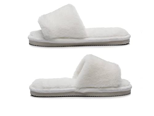 Women's Fuzzy Cozy House Slippers Soft Plush Furry Fur Open Toe Memory Foam Winter Warm Comfy Slip On Breathable Indoor Outdoor (White,9-10)