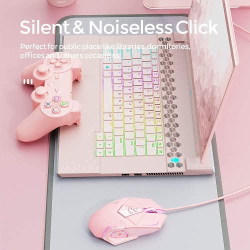 INPHIC Pink Gaming Mouse. USB optical wired mouse. RGB backlight. 4 Levels adjustable DPI up to 4800. Silent click, ergonomic and 7 programmable buttons design. PC Gaming Mice for Windows System.
